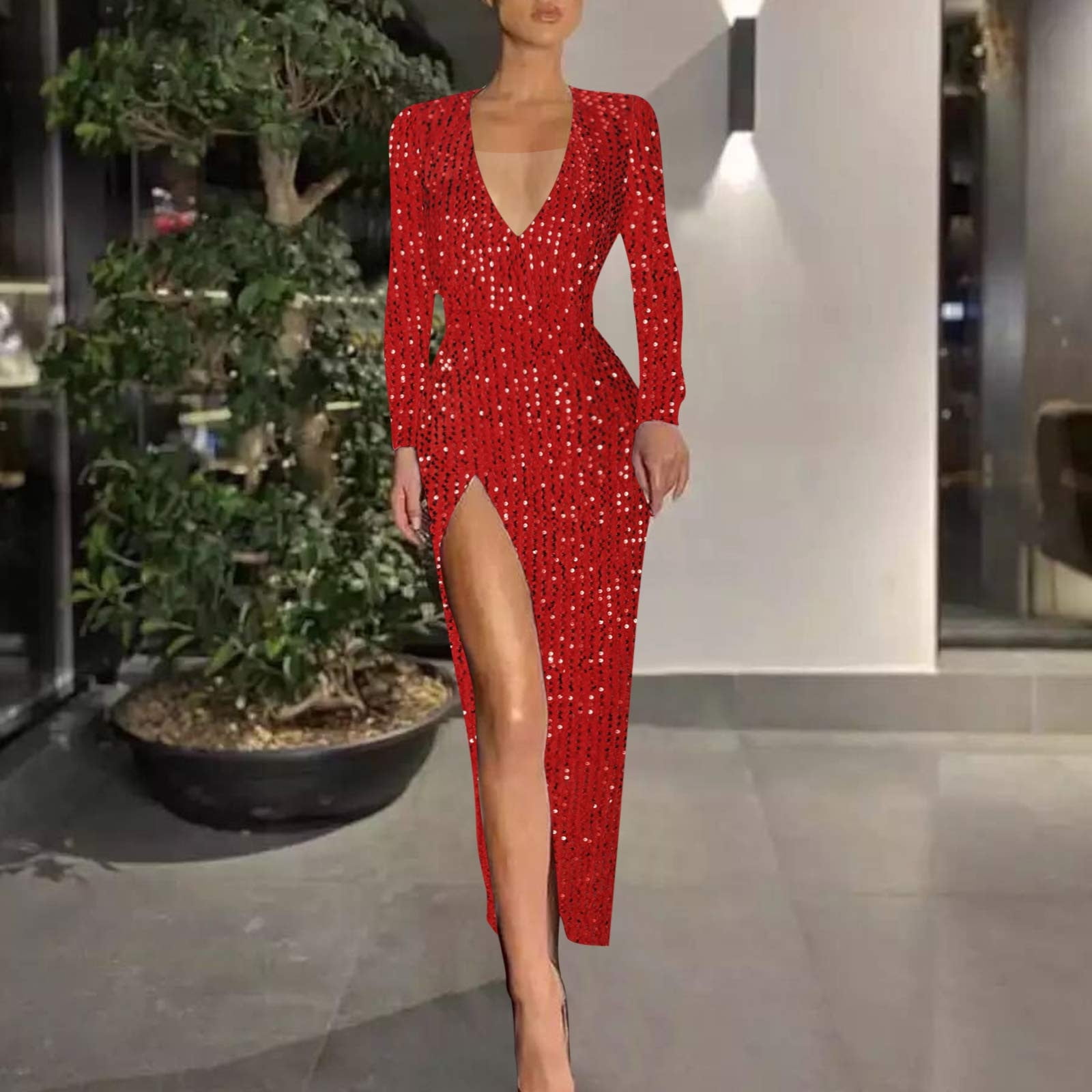 Ayolanni Bodycon Evening Dresses for Women Sequin V-Neck Red Long ...