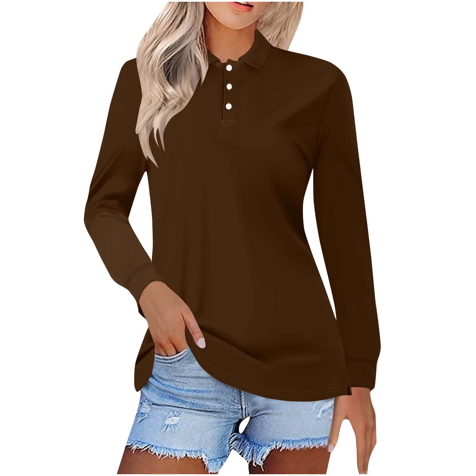 Ayolanni Brown Womens Trendy Tops Collared Long Sleeve Solid Pullover ...