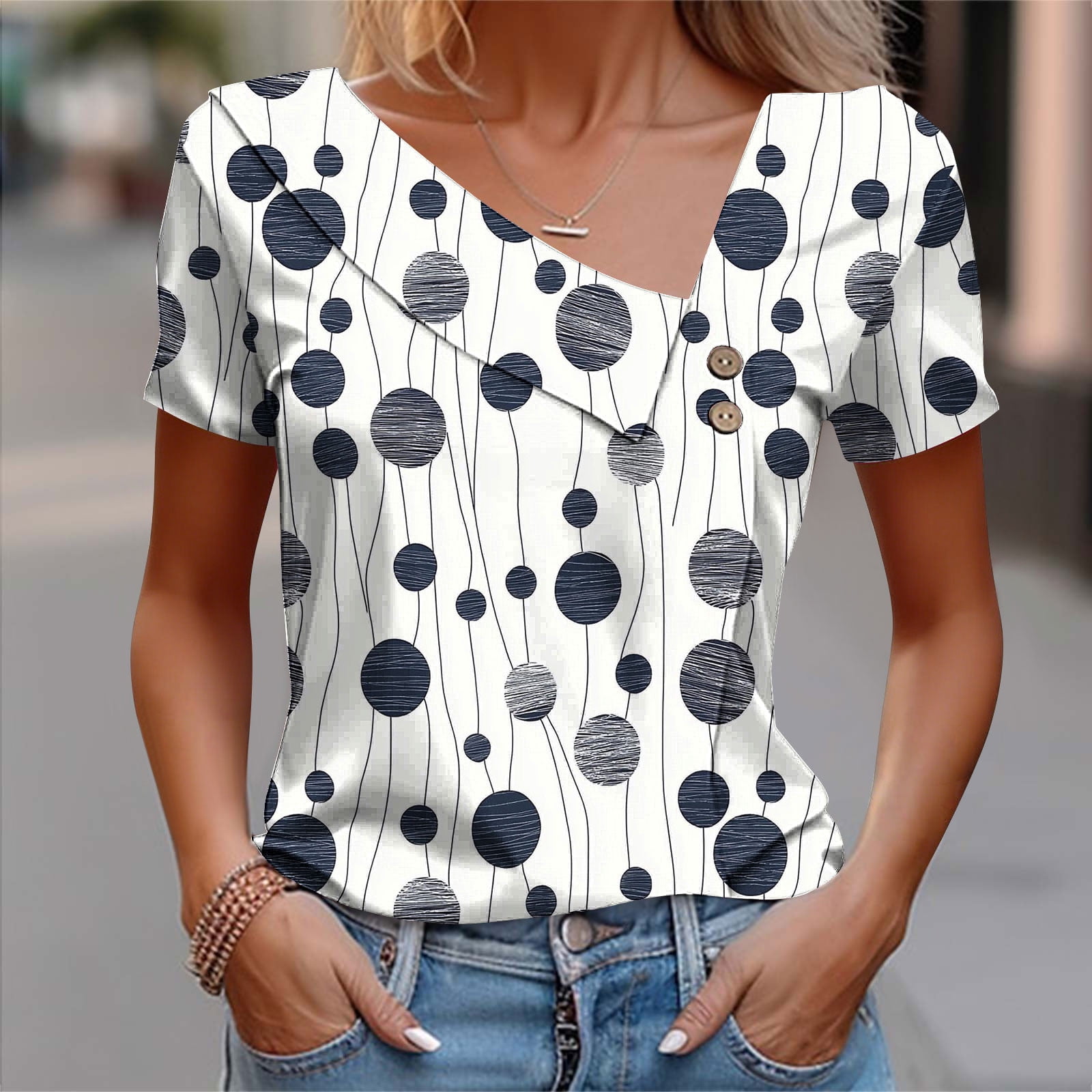 Ayolanni Button Down Shirts for Women Short Sleeve Striped V-Neck Polka ...