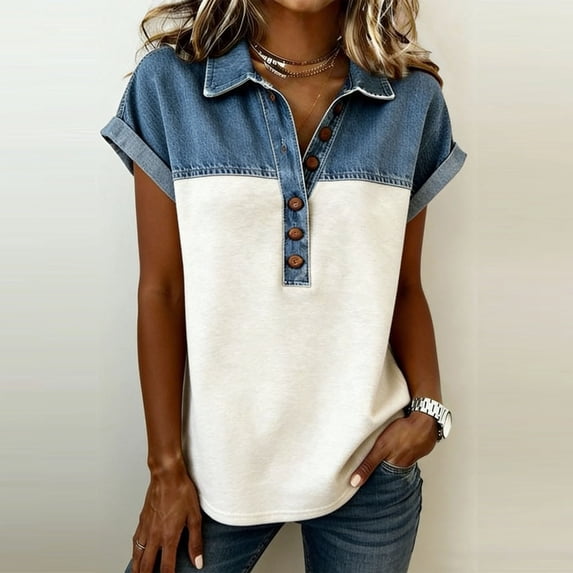 Ayolanni Button Down T Shirts for Women Color Block V-Neck Denim ...