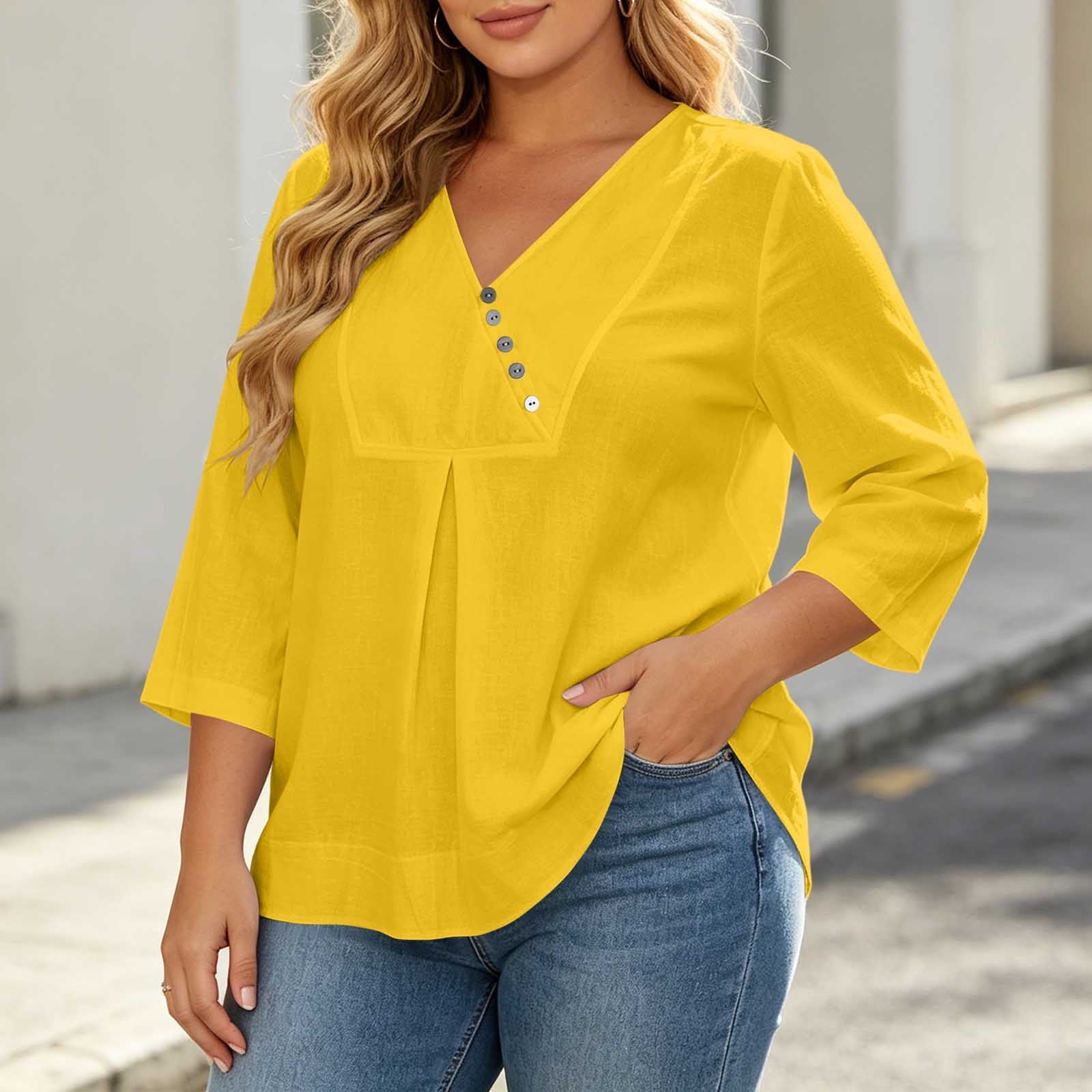 Ayolanni Button T Shirts for Women Solid V-Neck Ruched 3/4 Sleeve ...