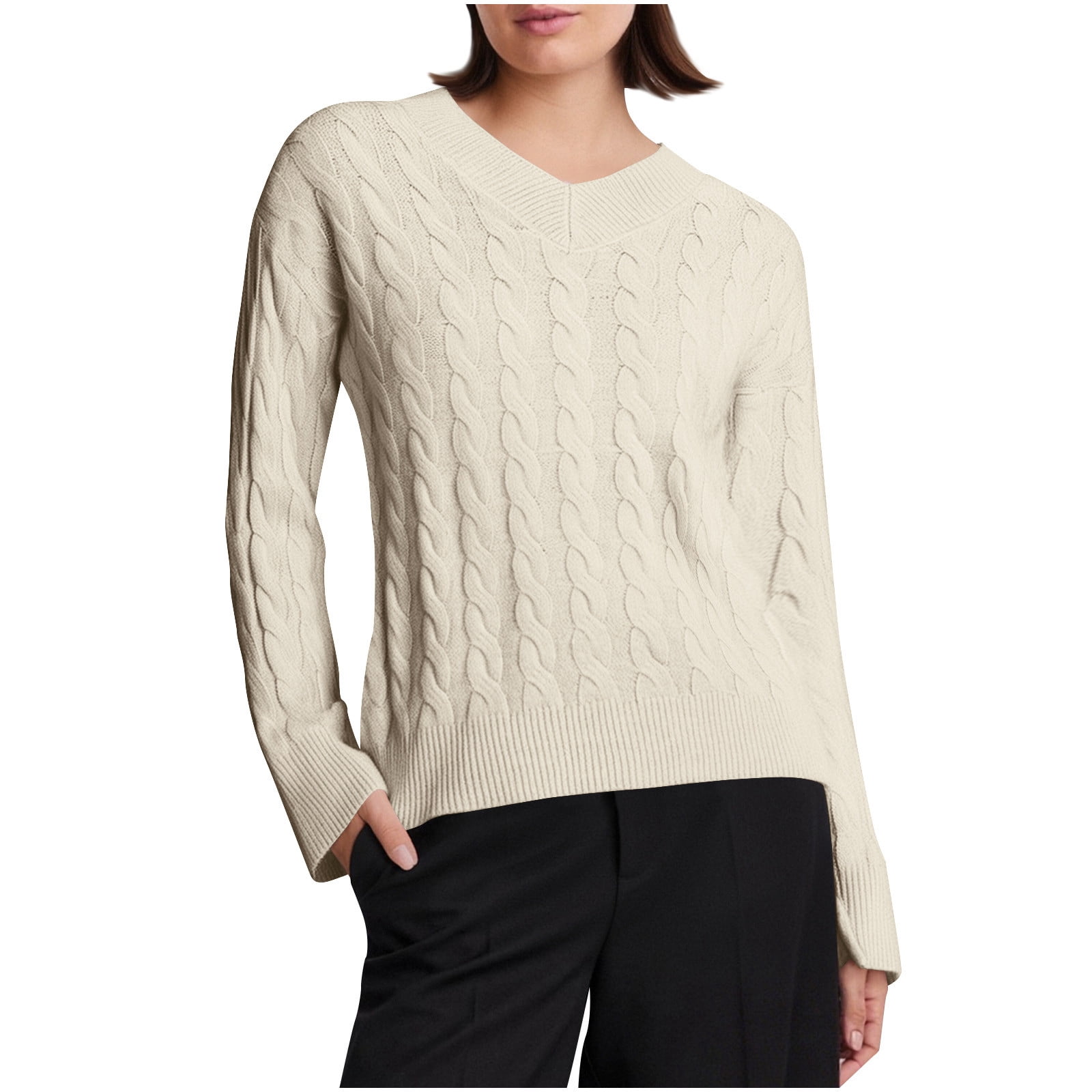 Ayolanni Cable Knit Ladies Sweaters V-Neck Beige Loose Long Sleeve ...