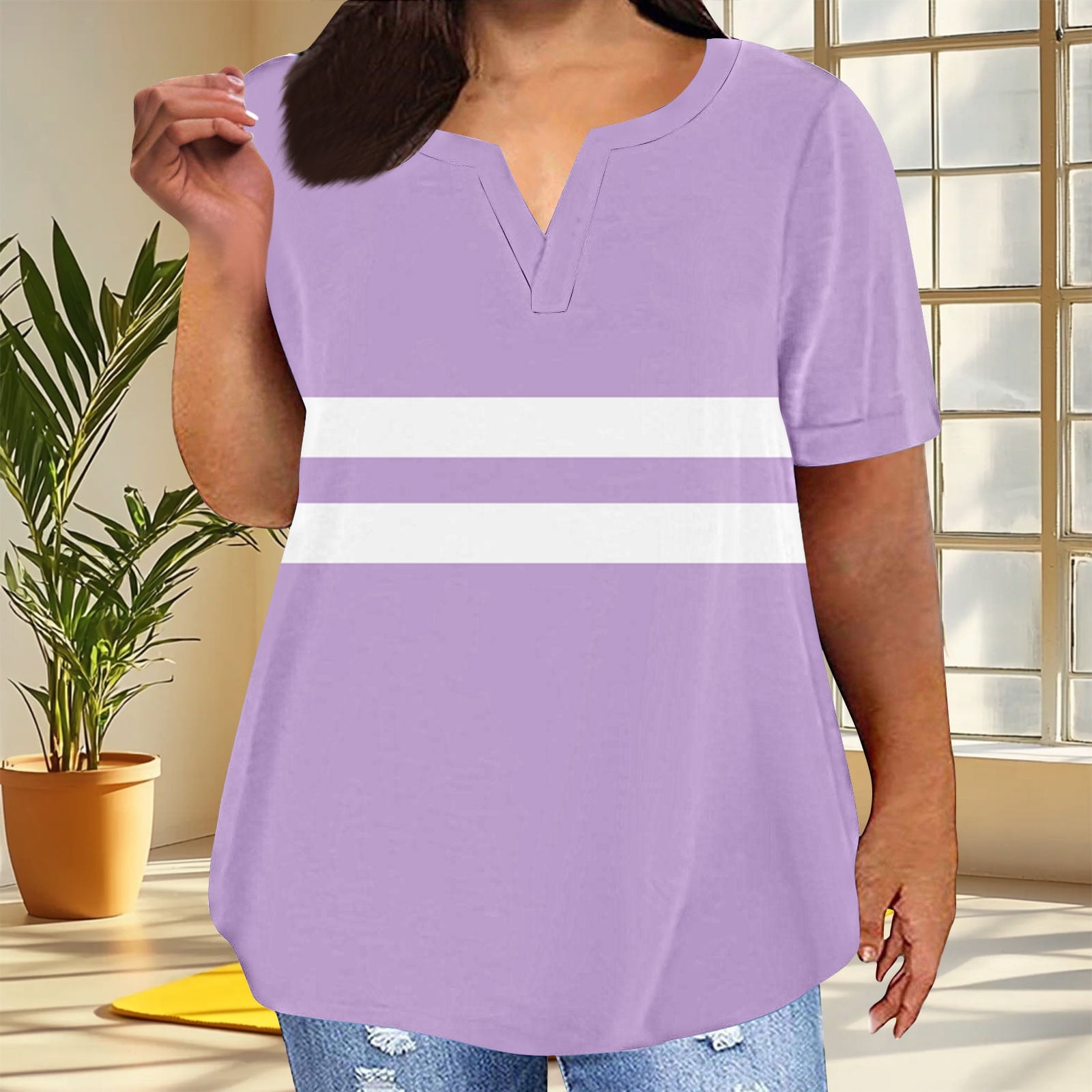 Ayolanni Casual Blouses for Women V-Neck Color Block Short Sleeve ...