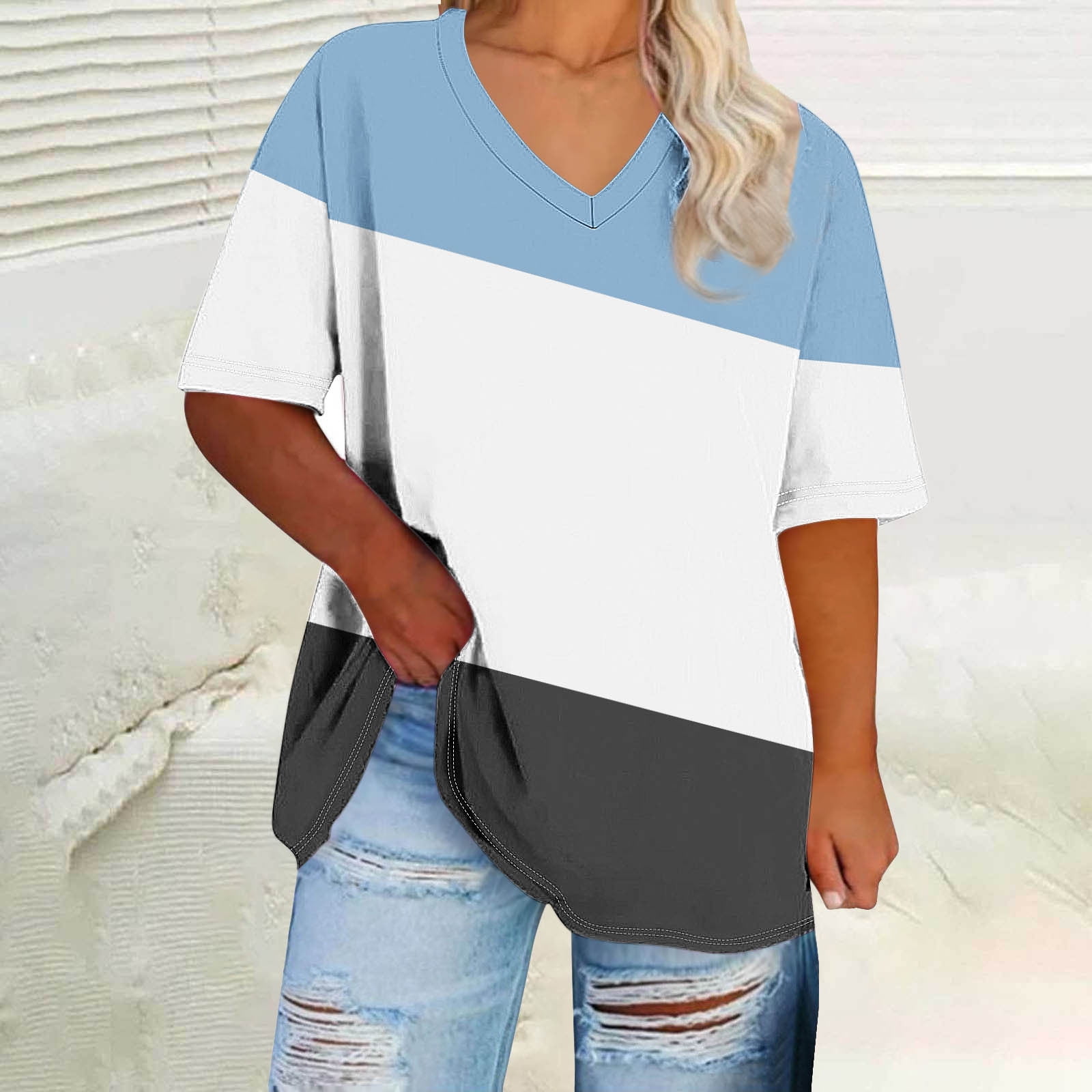 Ayolanni Casual Shirts for Women Short Sleeve V-Neck Color Block T ...