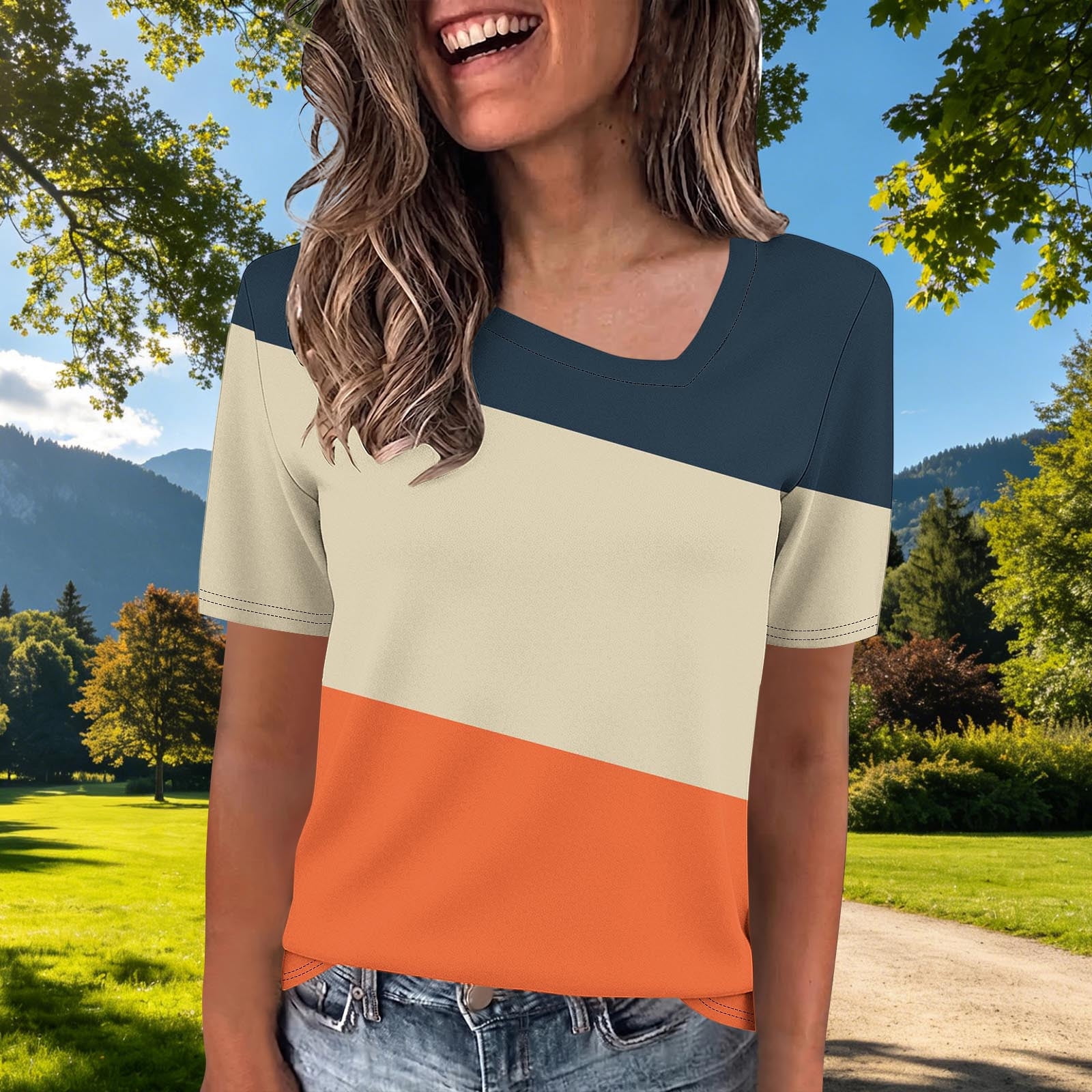 Ayolanni Casual Shirts for Women V-Neck Cute Short Sleeve Color Block ...