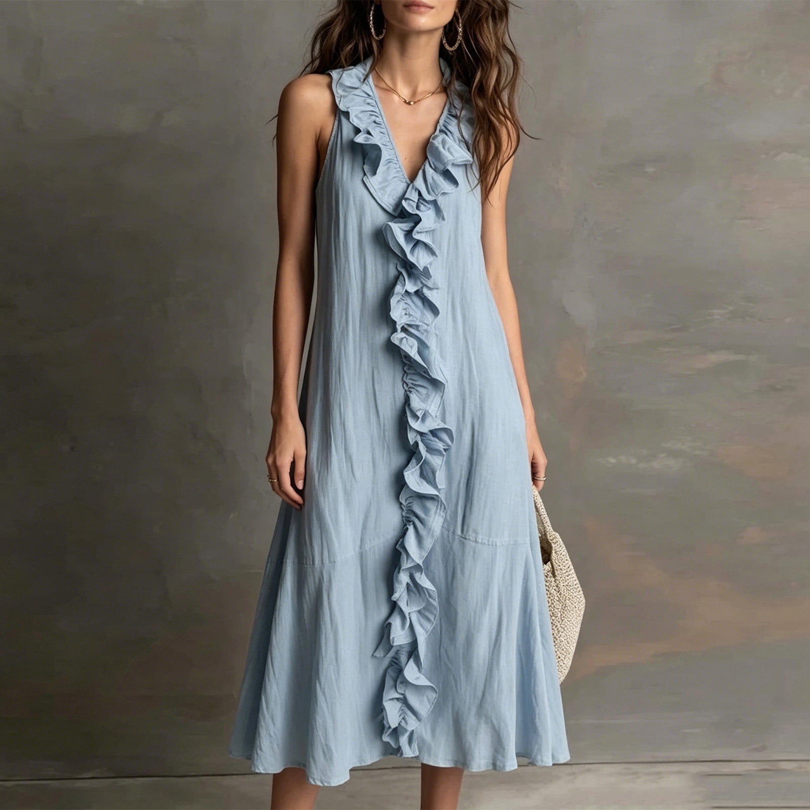 Ayolanni Casual Sundresses for Women Long V-Neck Blue A-Line Dress ...