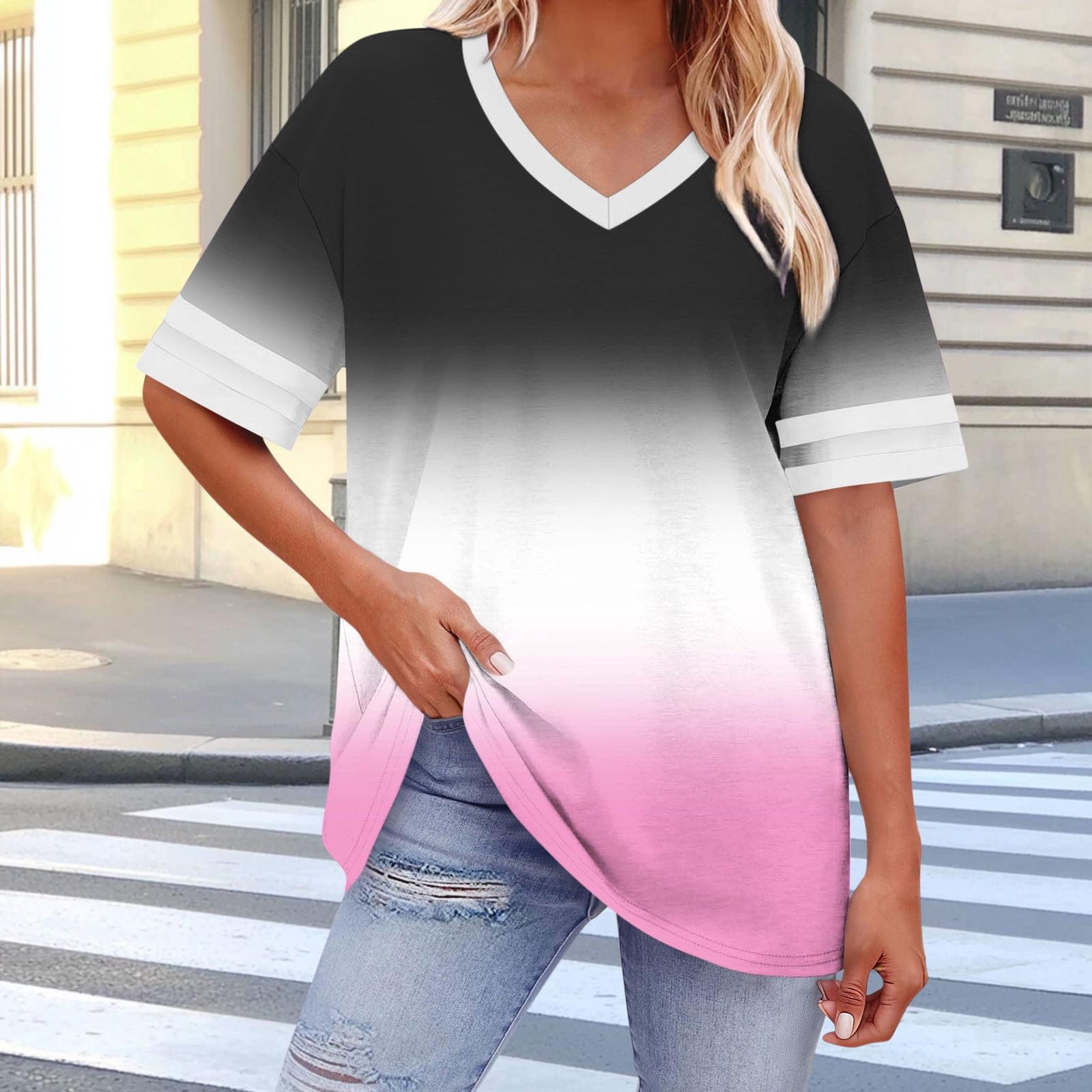 Ayolanni Casual Womens Blouses Short Sleeve Color Block Going Out V ...