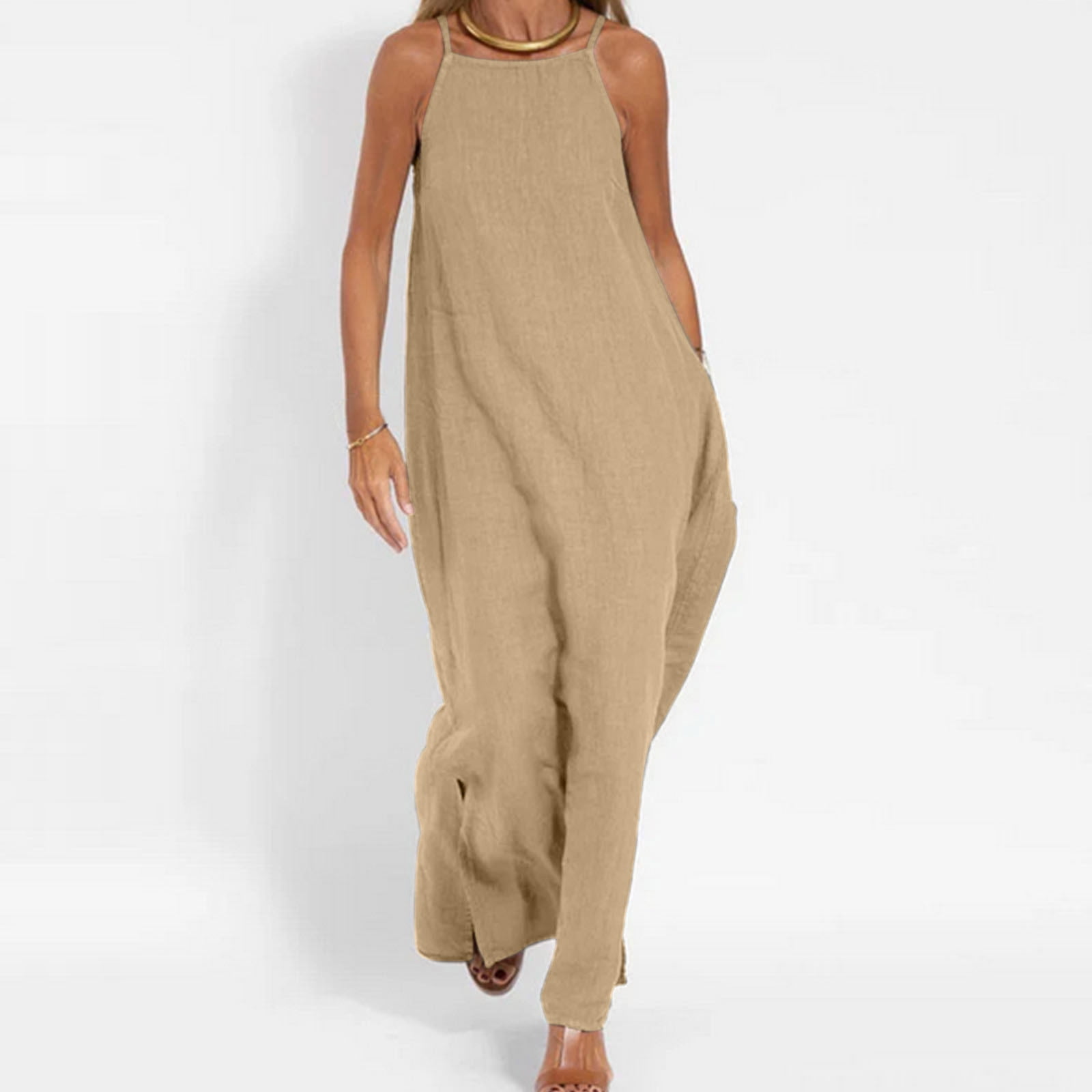 Ayolanni Classy Dresses for Women Cotton Linen Khaki Square Neck Solid ...