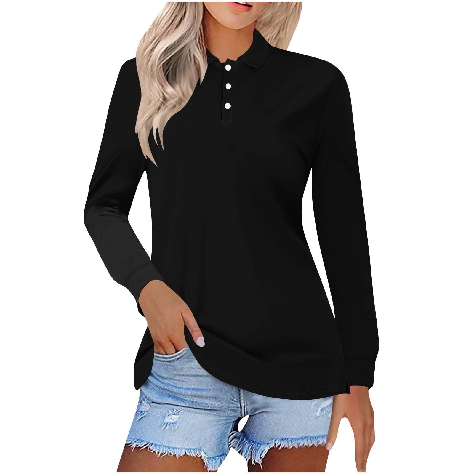 Ayolanni Collared Top for Women Long Sleeve Black Solid Pullover Polos ...