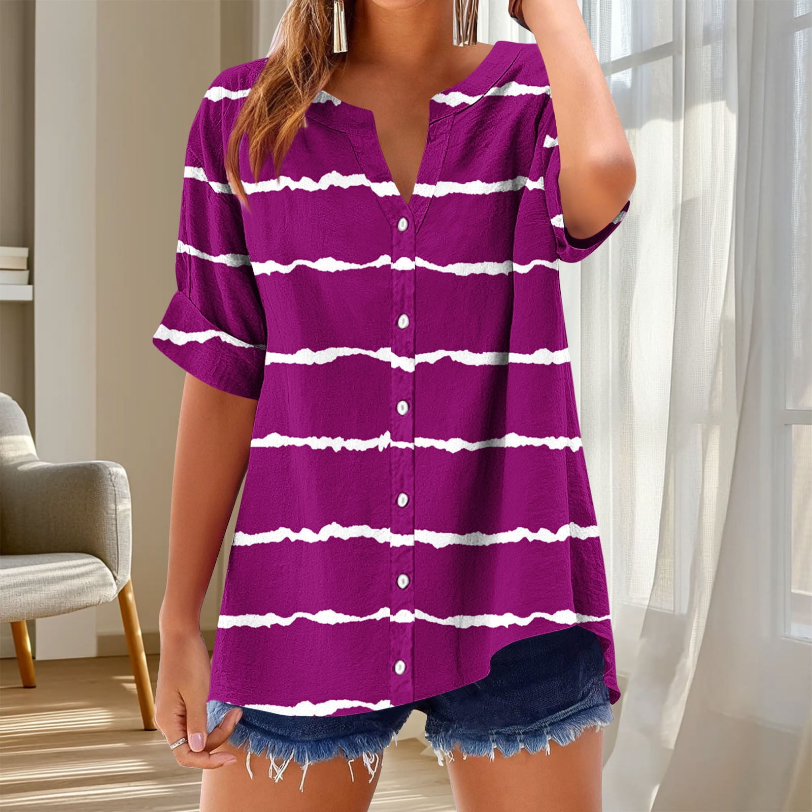 Ayolanni Color Block Shirts for Women Button Down Striped Short Sleeve ...