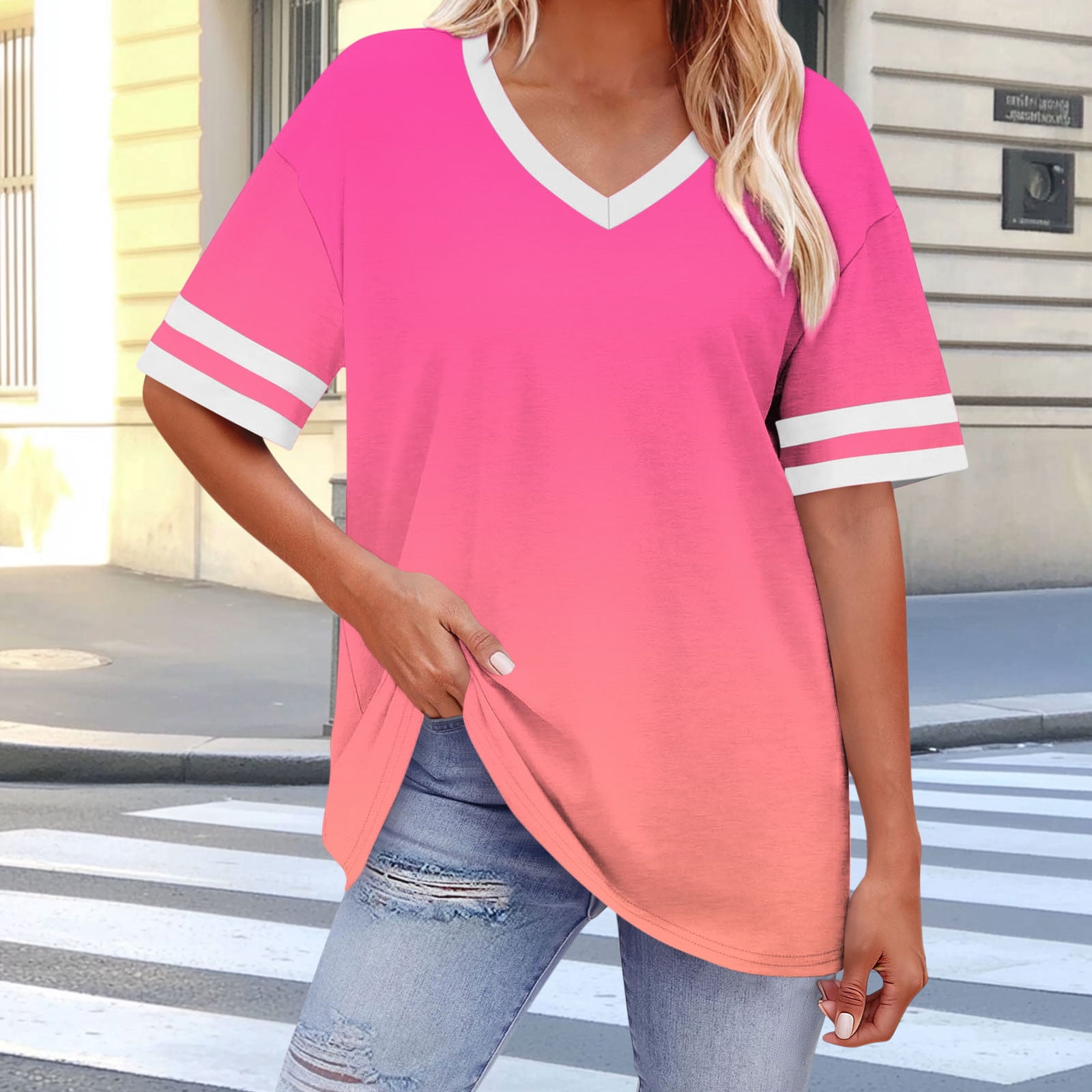 Ayolanni Color Block T Shirts for Women Going Out Casual Short Sleeve V ...