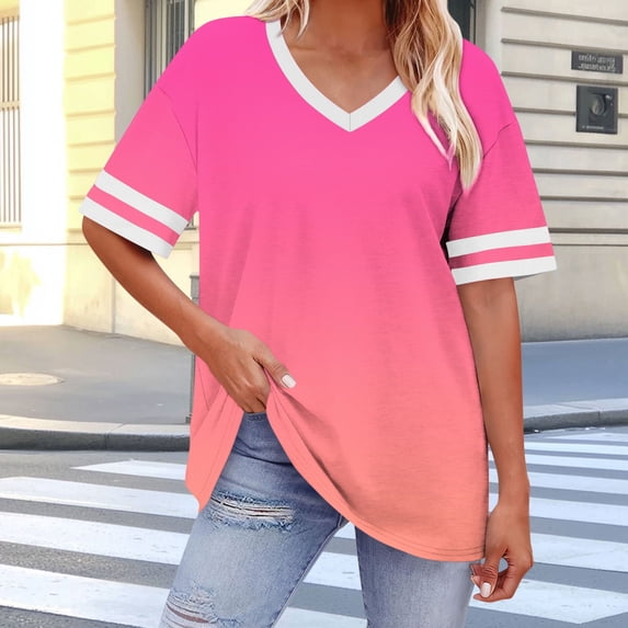 Ayolanni Color Block T Shirts for Women Going Out Casual Short Sleeve V ...