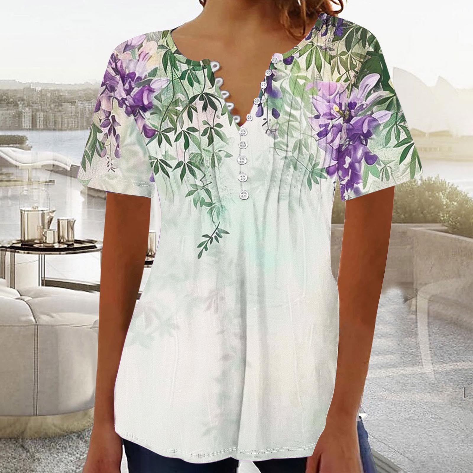 Ayolanni Comfortable Basic Tees for Women Floral Short Sleeve Casual V ...