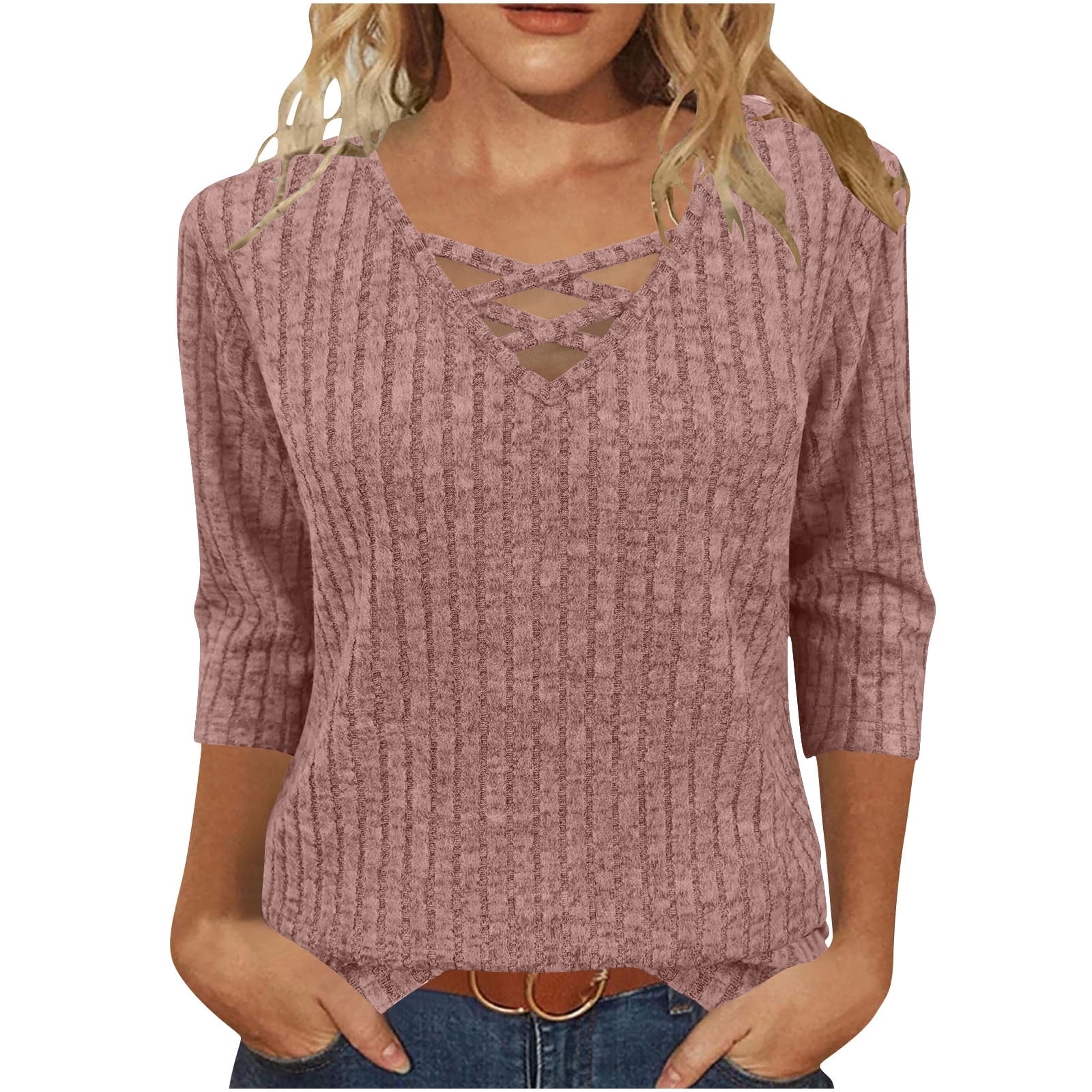 Ayolanni Comfortable Womens Tops Knit Sheer 3/4 Sleeve Pink Business ...