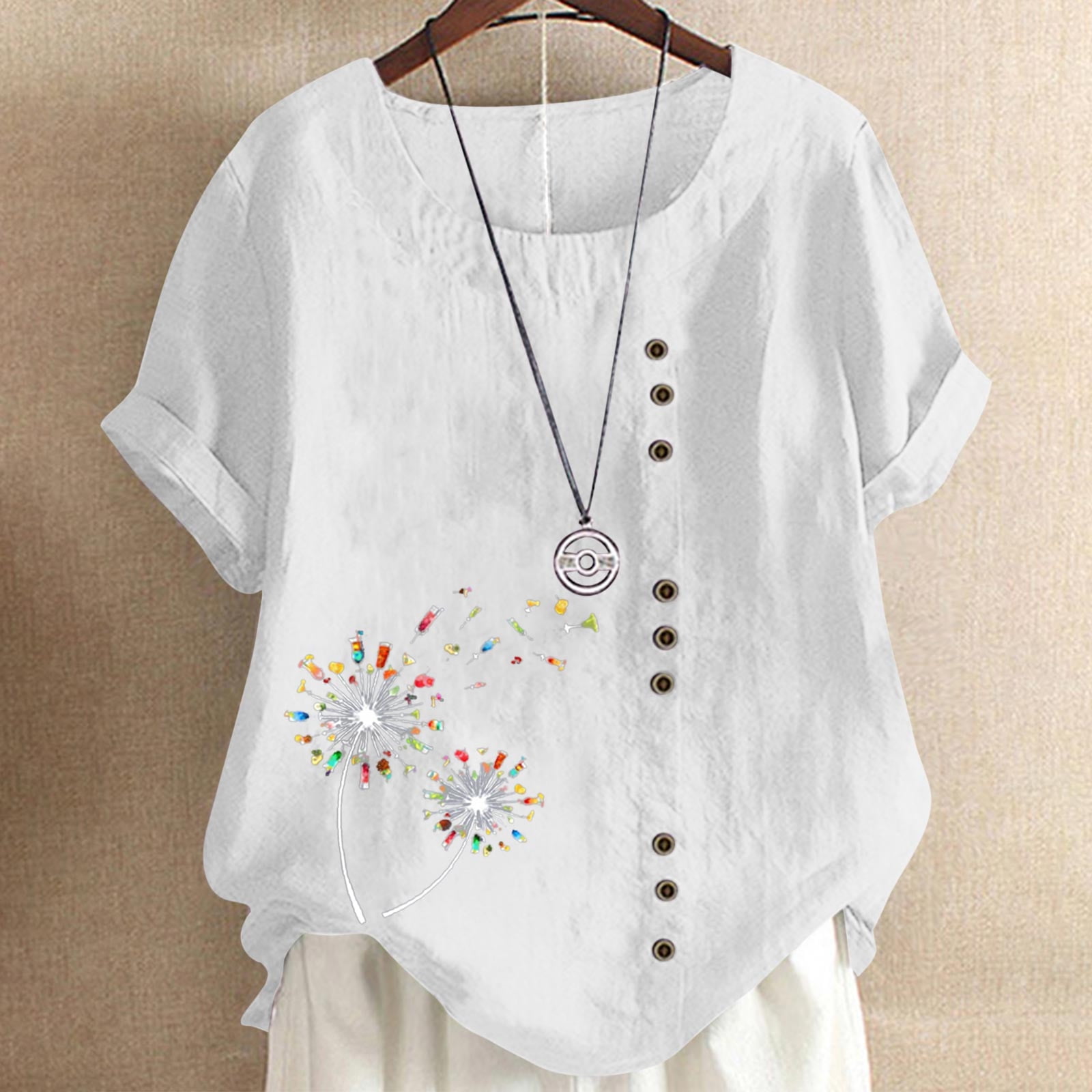 Ayolanni Cotton Linen Blouses for Women Short Sleeve Solid Crew Neck ...