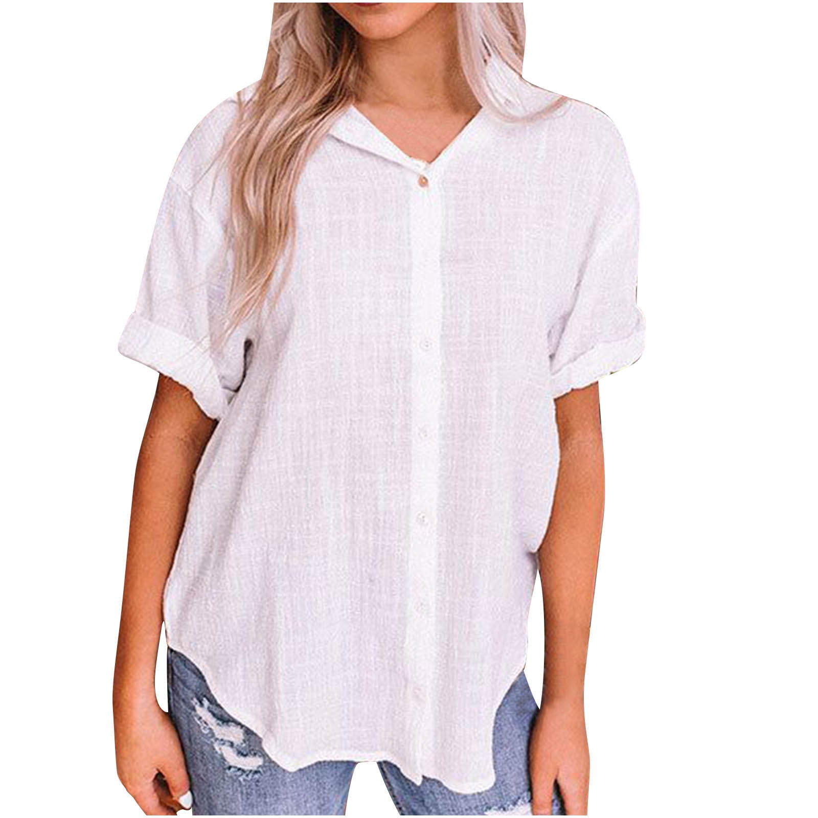 Ayolanni Cotton Linen Women Tops and Blouses Under 15 White Short Sleeve Solid Button-Up Shirts ...