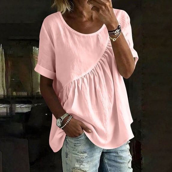 Ayolanni Casual Womens Blouses Solid Color Short Sleeve Rolled Crew ...