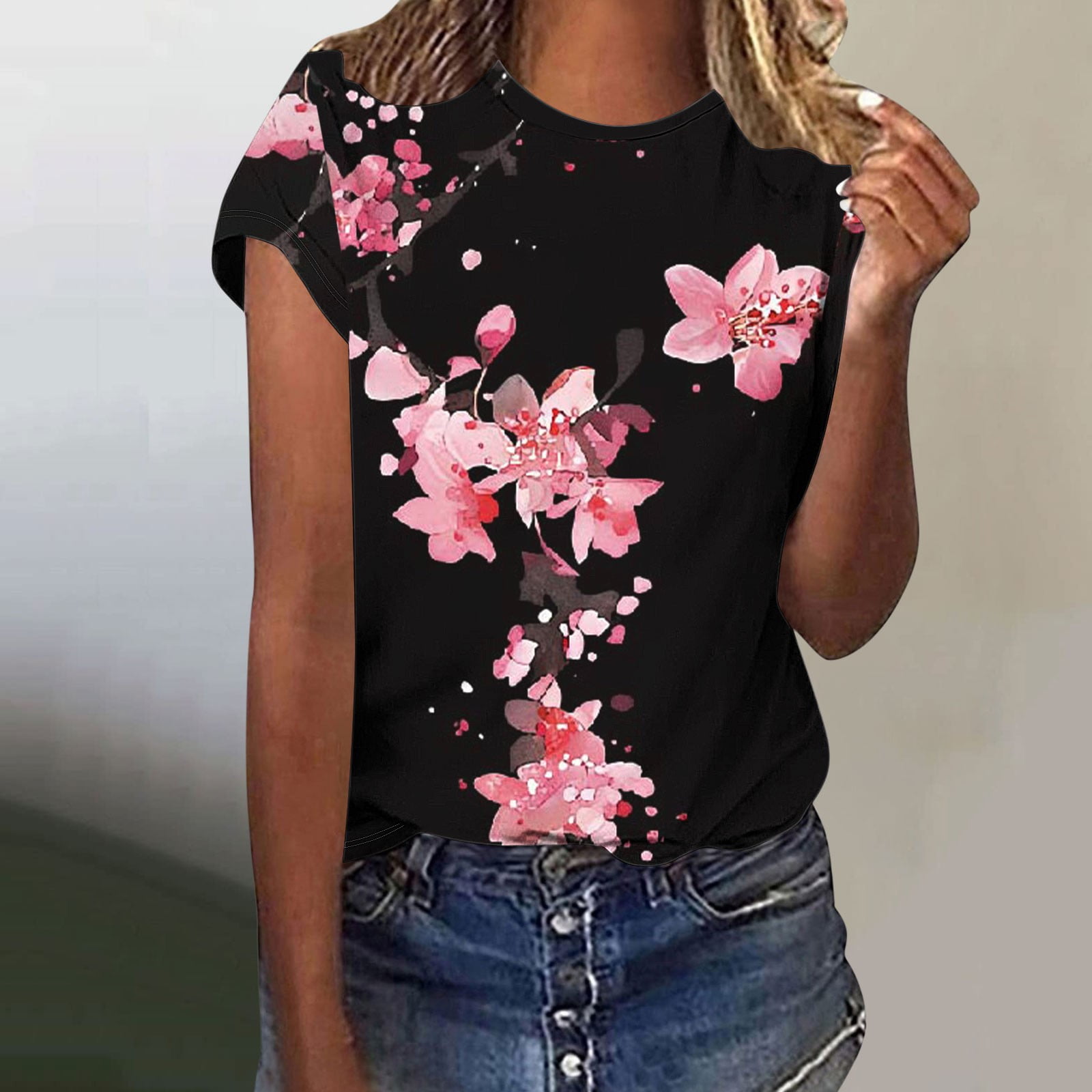 Ayolanni Crew Neck Summer Tops Fashion Floral Short Sleeve Blouse Plus ...