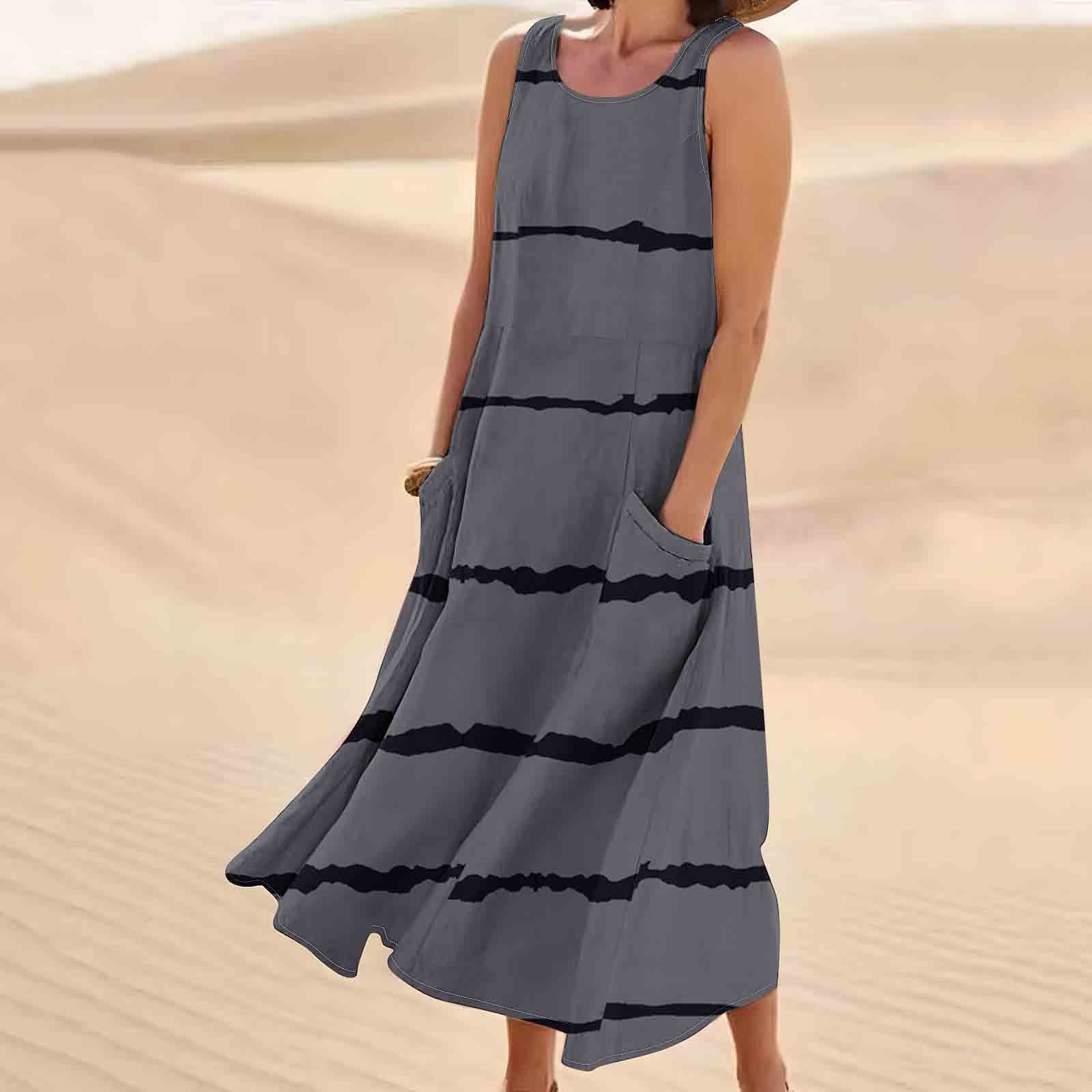 Ayolanni Cute Dresses for Women Striped Gray Sleeveless Maxi Dresses ...