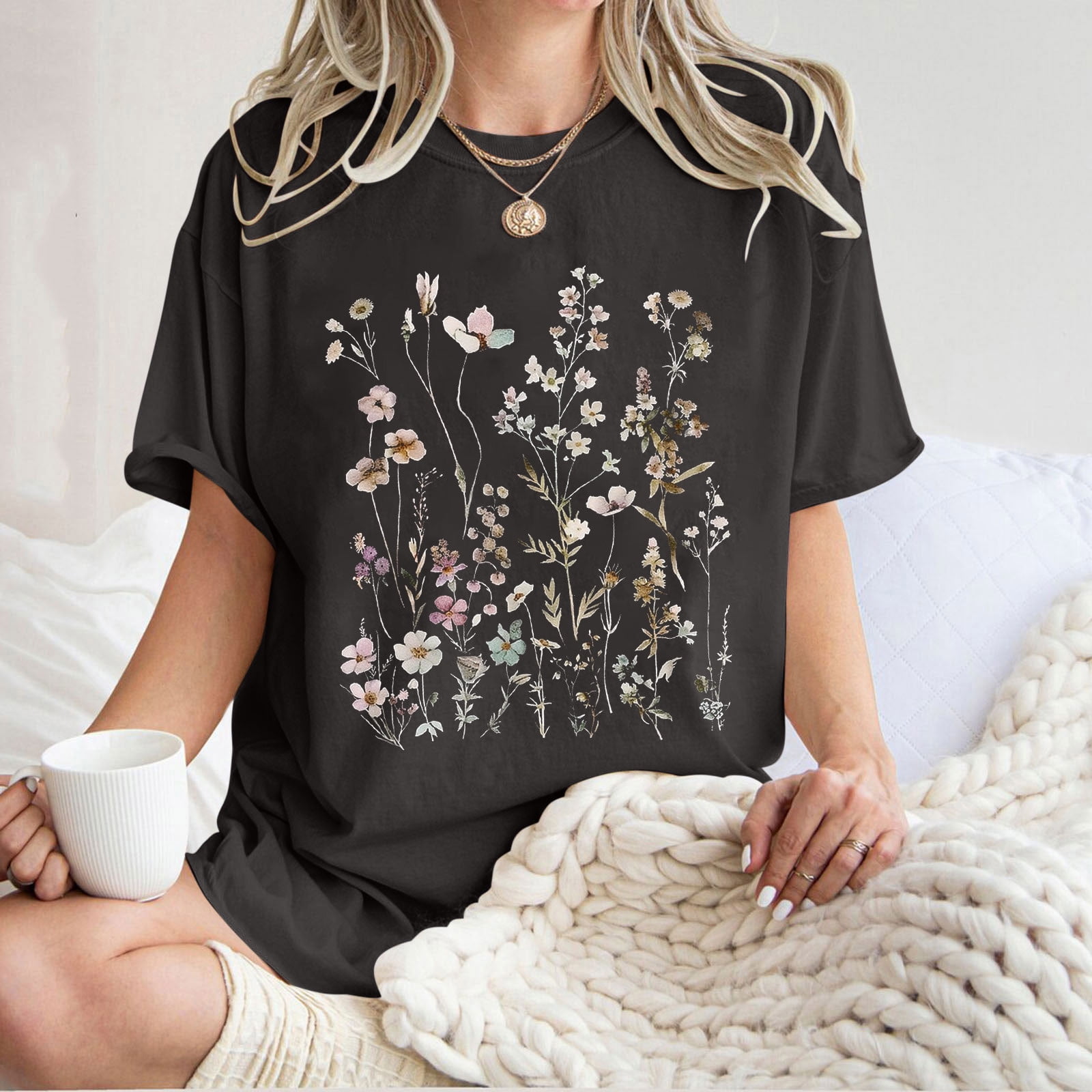 Ayolanni Ditsy Floral Womens Spring Tops Short Sleeve Crew Neck Vintage ...