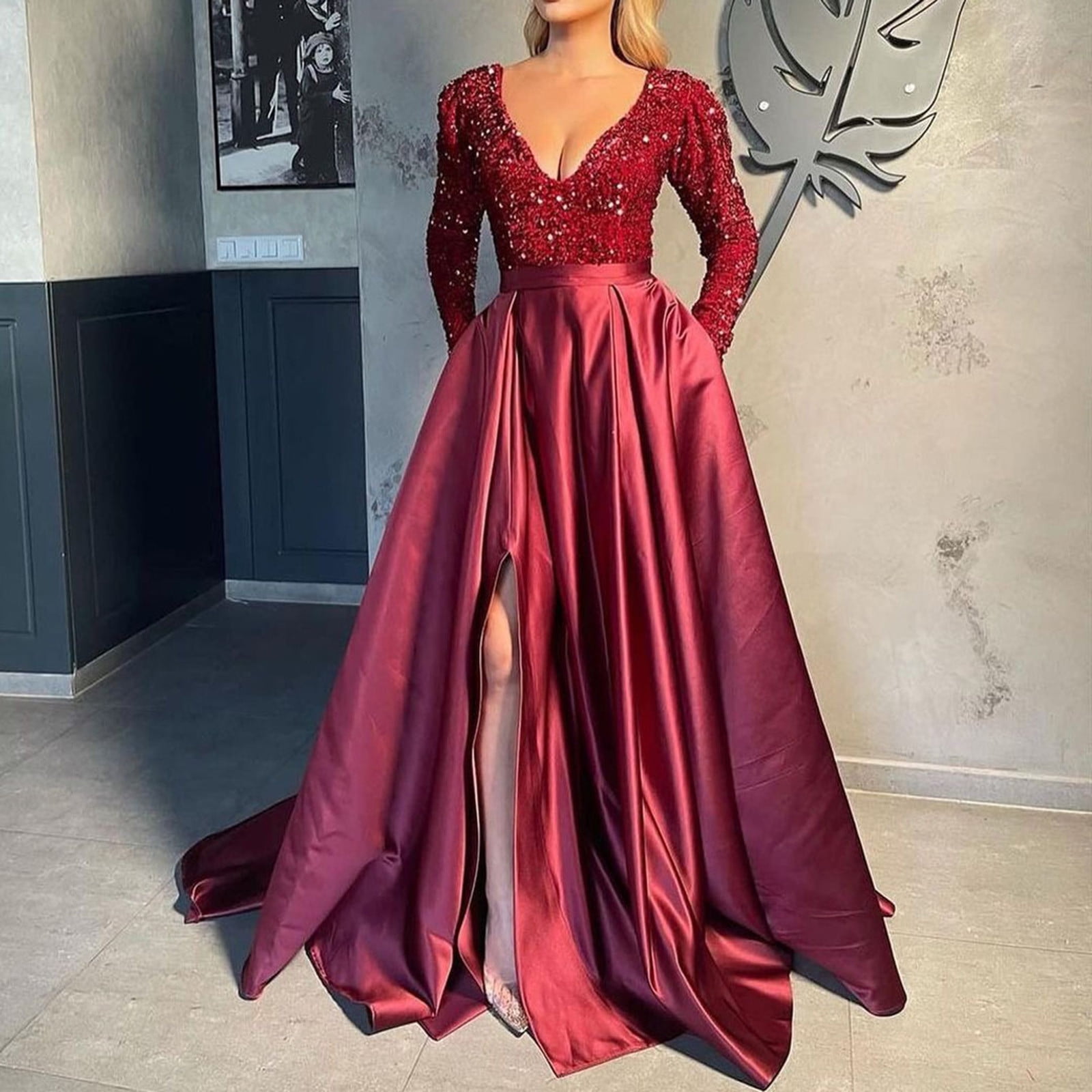 Ayolanni Extra Long Cute Dresses for Women Sequin Red V-Neck Evening ...