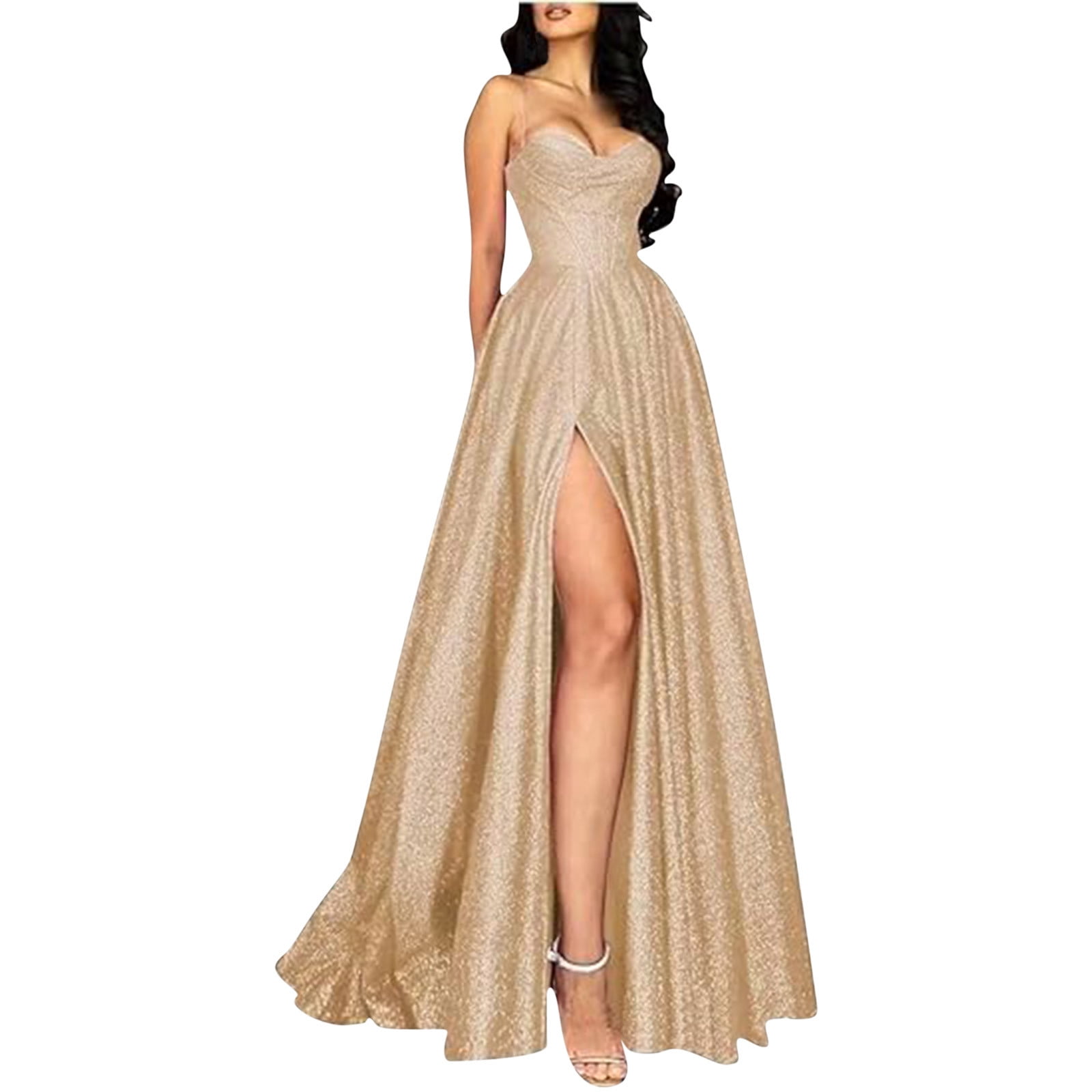 Ayolanni Extra Long Plus Size Dresses for Curvy Women V-Neck Gold ...