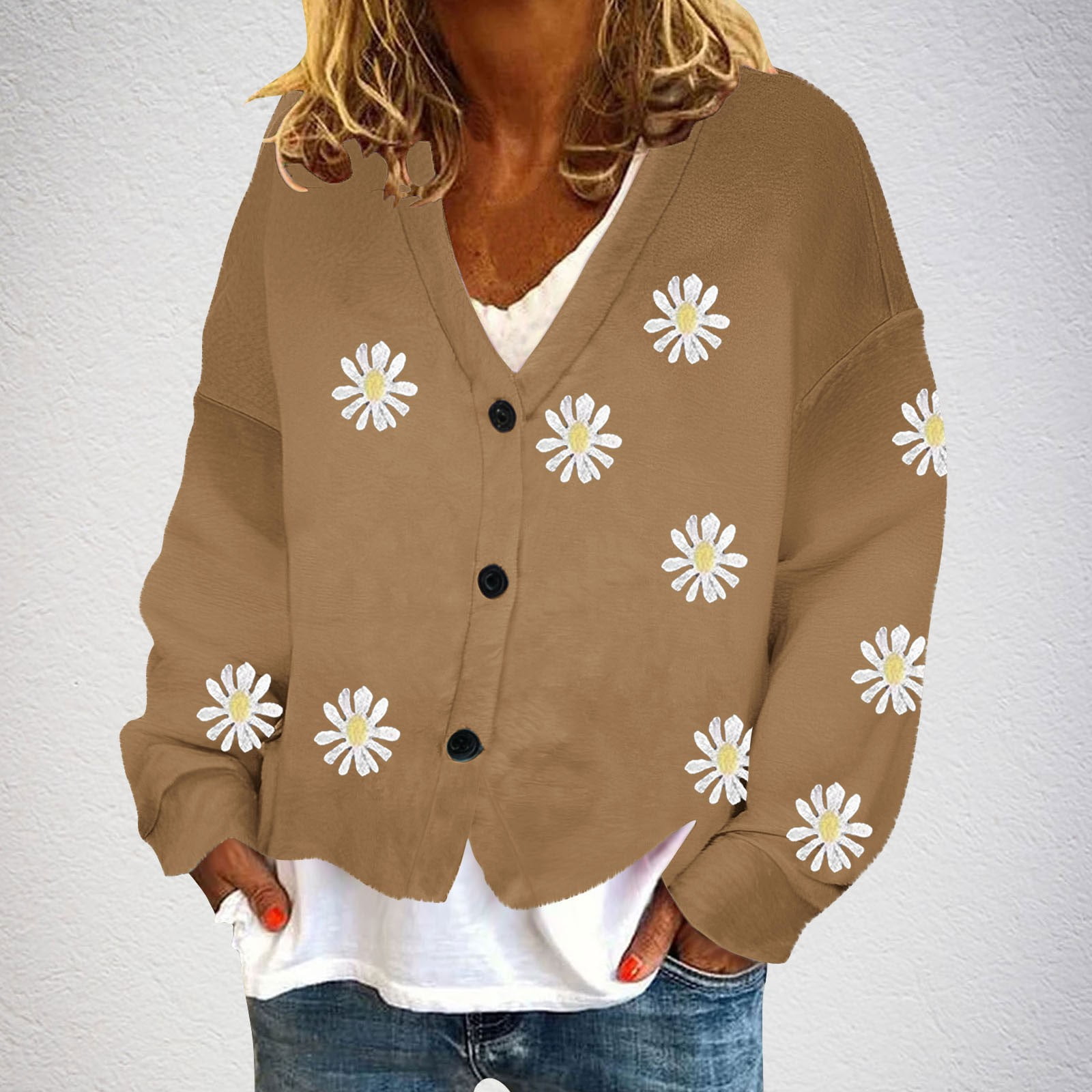 Ayolanni Fall Womens Jacket Yellow Graphic Knitted Long Sleeve Cardigan ...