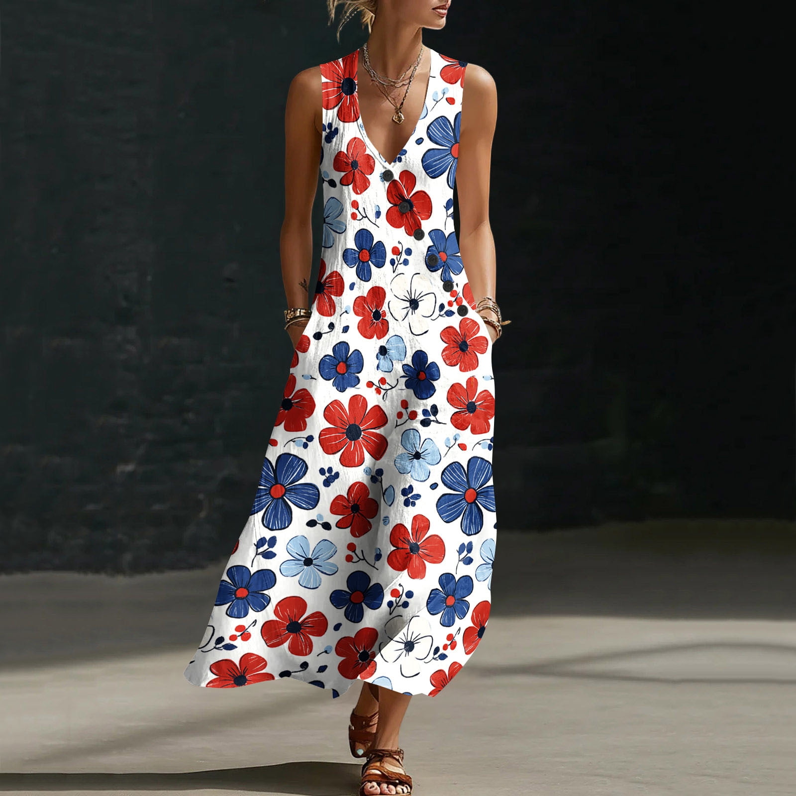 Ayolanni Fashion Sundresses for Women Floral V-Neck Maxi Tank Dress ...