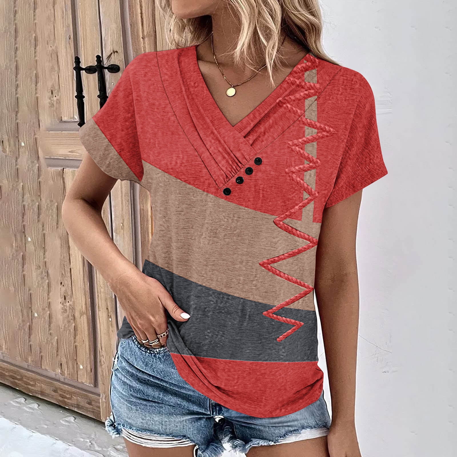 Ayolanni Fashion Womens Blouses Color Block Button Down Short Sleeve V ...