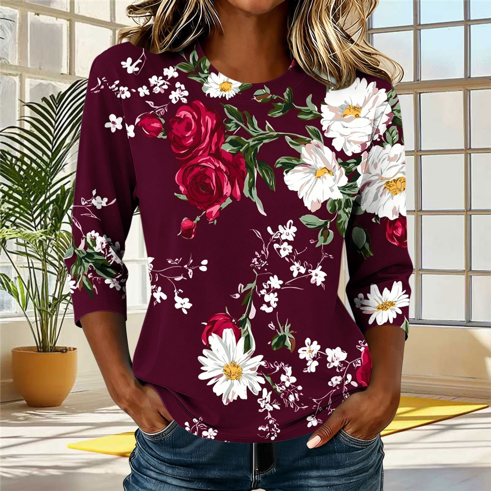 Ayolanni Floral Summer Fall Clothes Retro 3/4 Sleeve Crew Neck Going ...