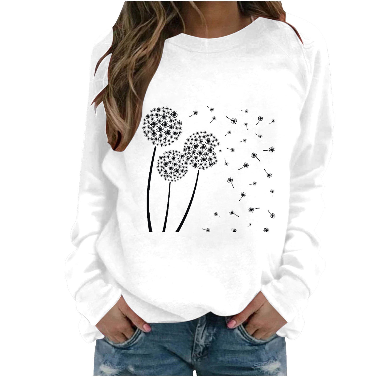 Ayolanni Graphic Basic Tops for Woman White Long Sleeve Crew Neck ...
