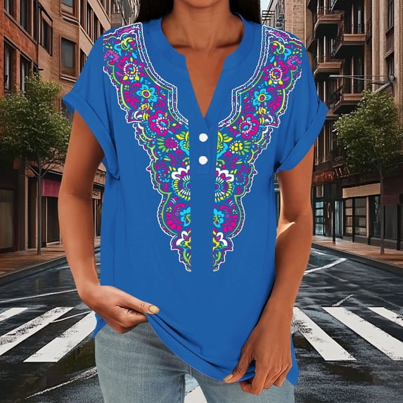 Ayolanni Graphic Summer Women Blouses Button Down Embroidered Short ...