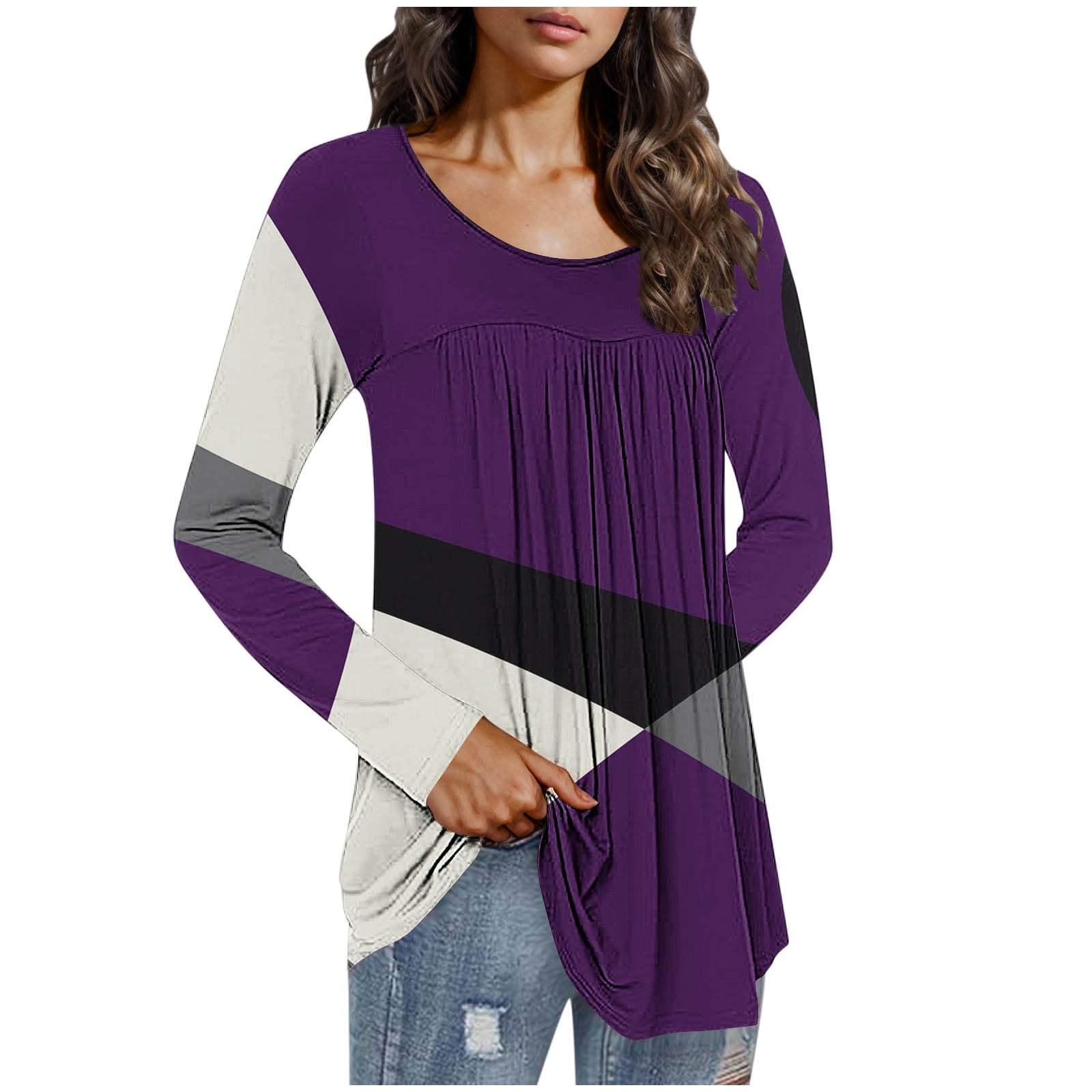 Ayolanni Graphic Tops for Women 2024 Long Sleeve Pleated Loose Purple ...