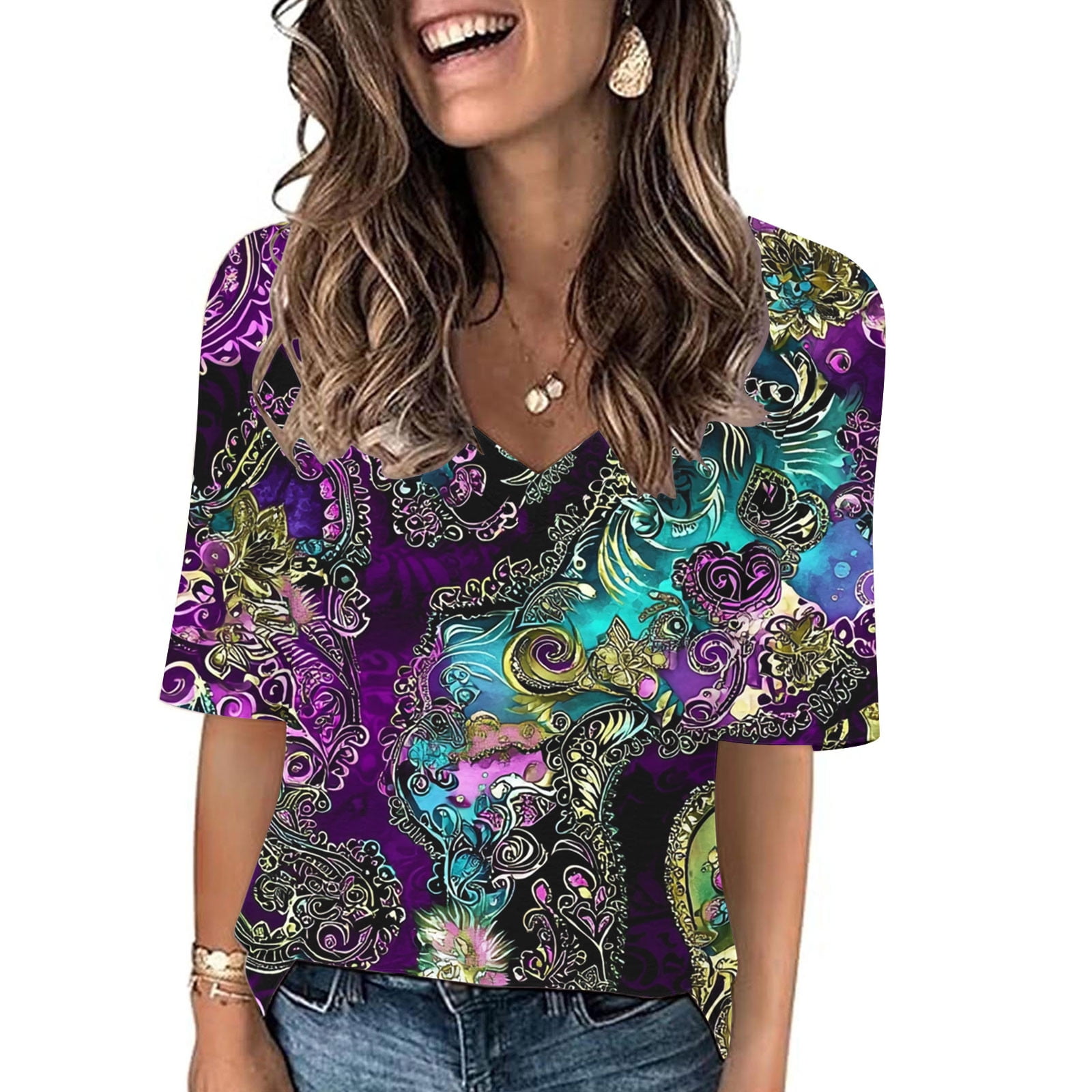 Ayolanni Graphic Tops for Women 2025 Purple Short Sleeve V-Neck T ...