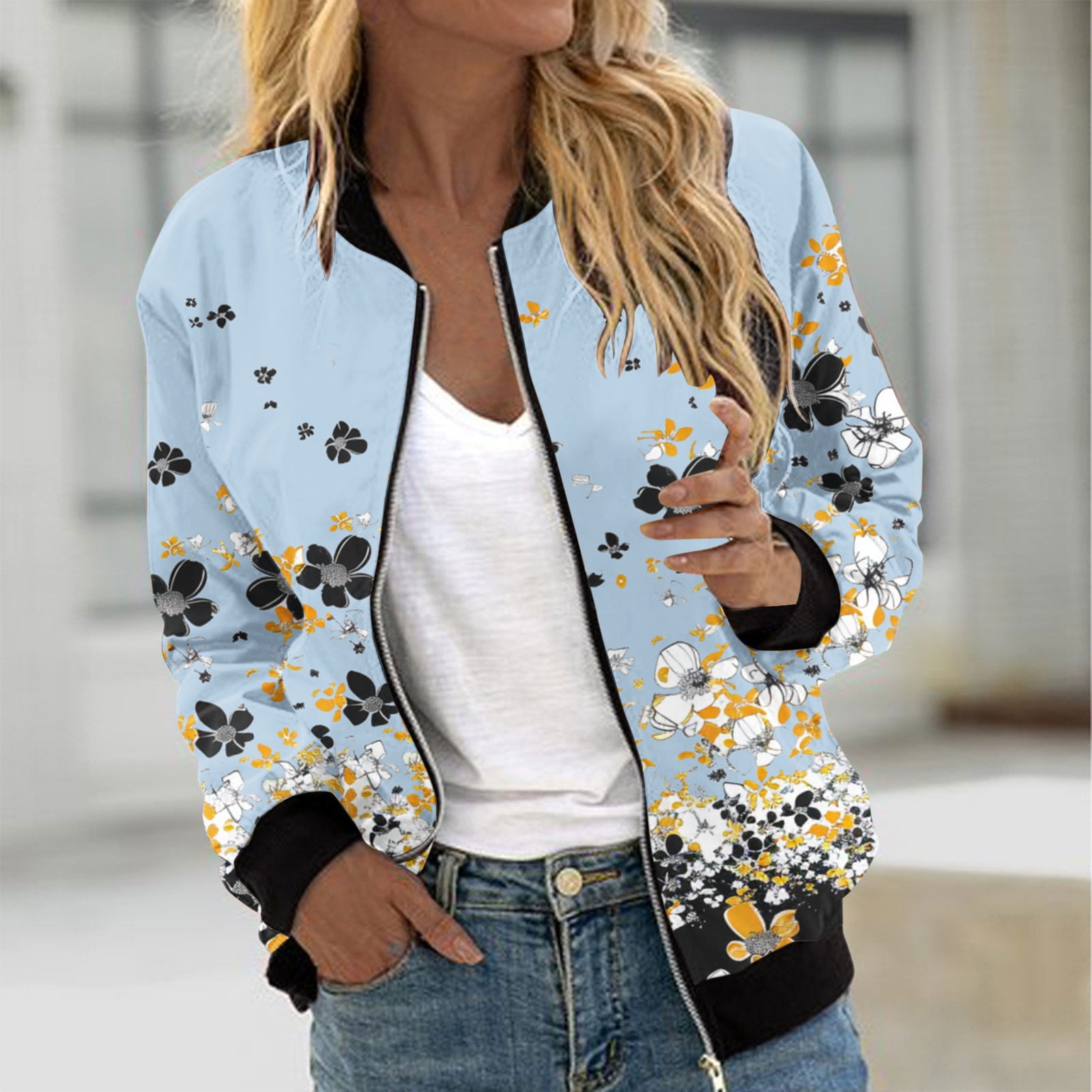 Ayolanni Graphic Women Fall Jacket Zip Up Blue Varsity Bomber Long ...