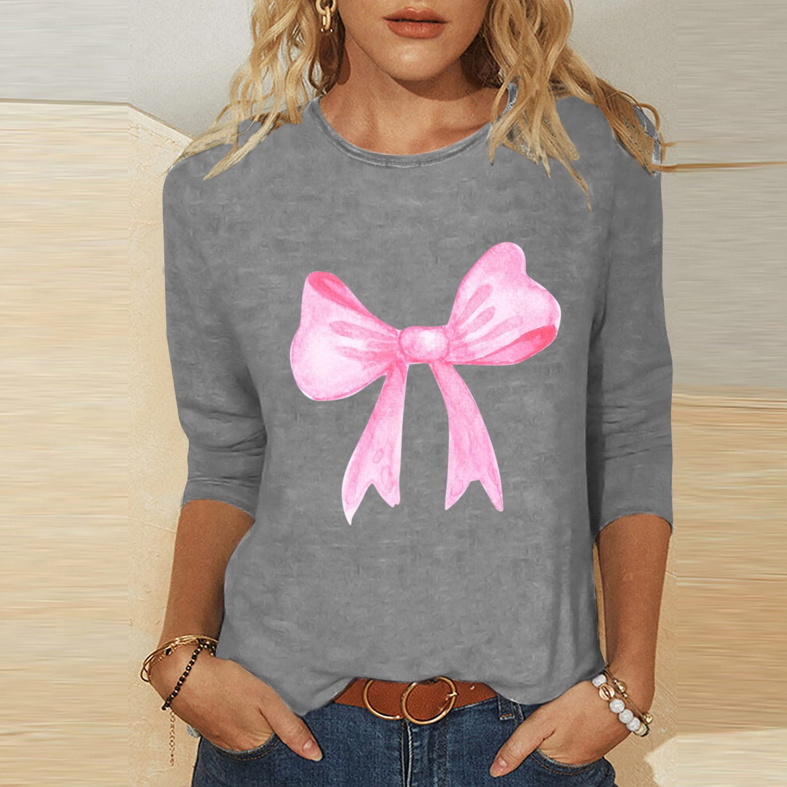 Ayolanni Gray Plus Size Womens Tops 3/4 Sleeve Crew Neck Bow Tie ...