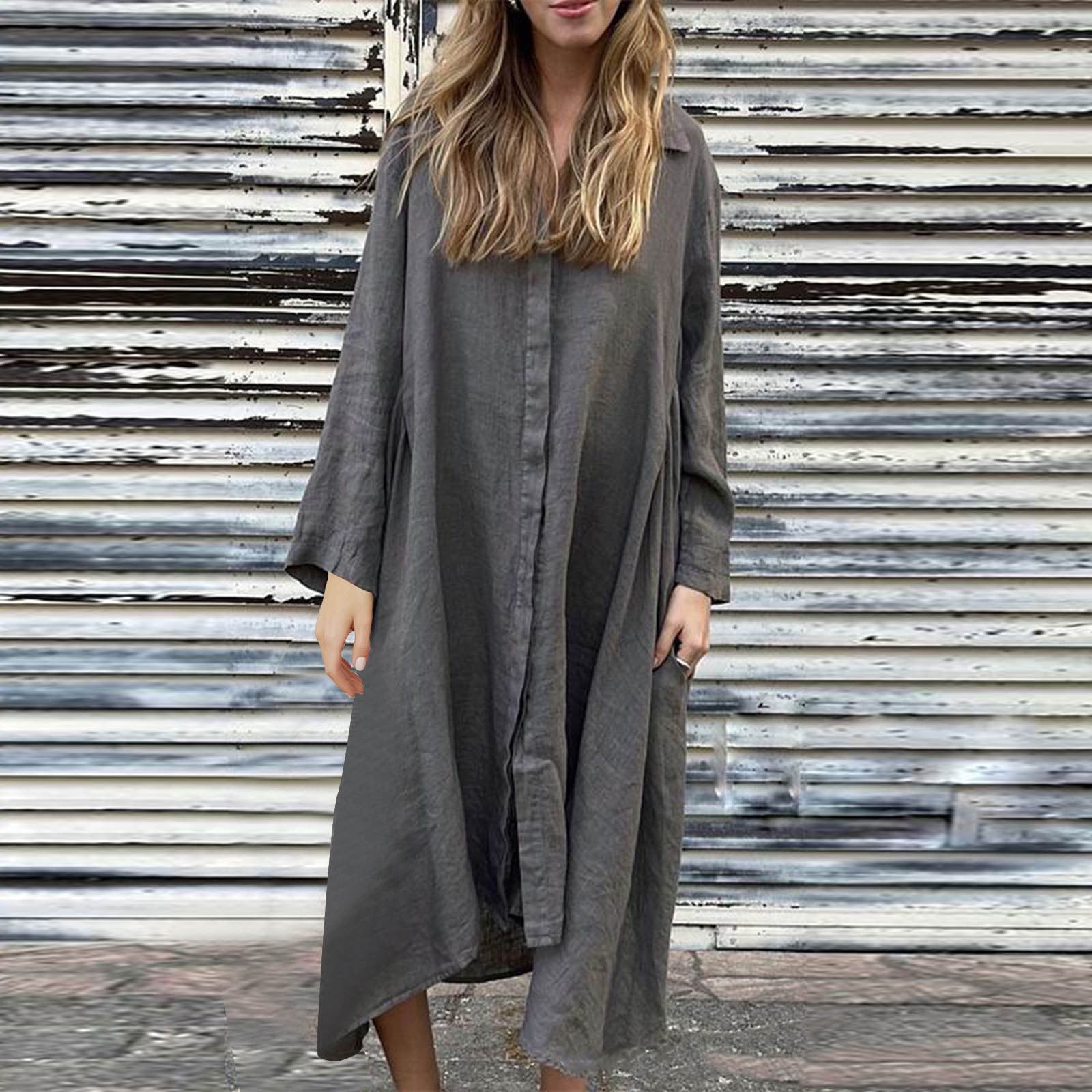 Ayolanni Gray Women Dresses Plus Ankle-Length Baggy Solid Long Sleeve ...