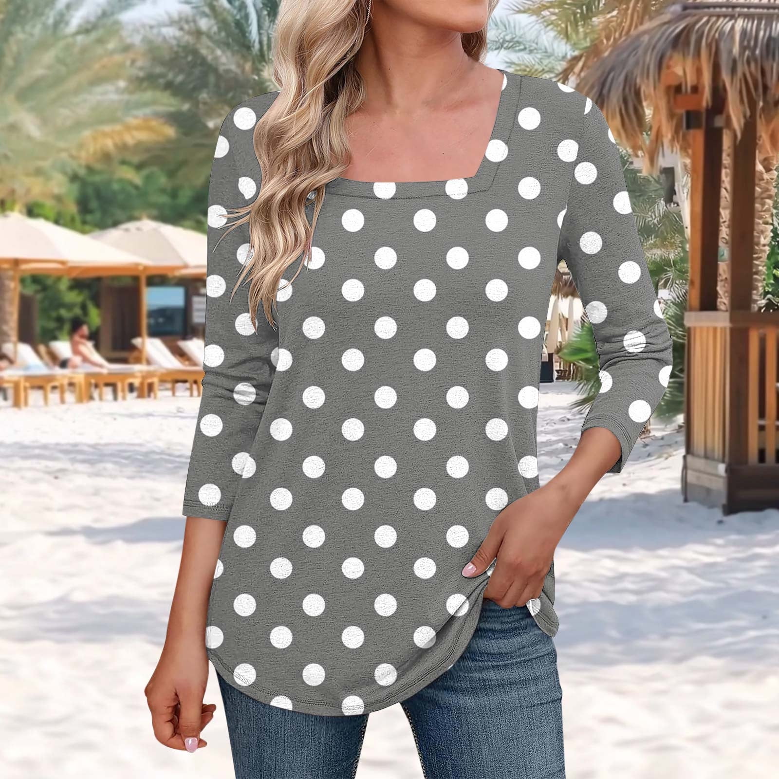 ayolanni-gray-womens-clothes-summer-polka-dot-square-neck-3-4-sleeve