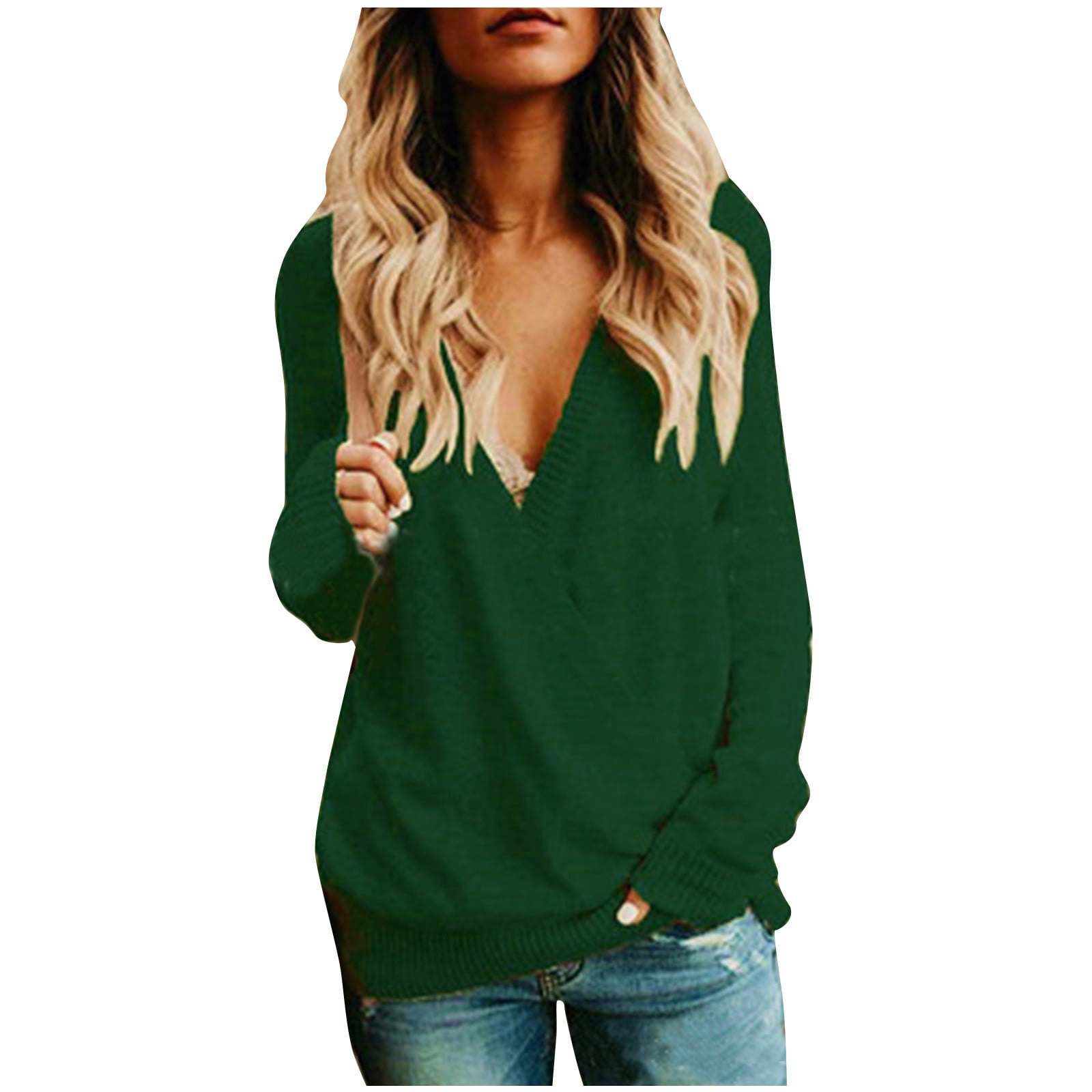 Ayolanni Green Cute Tops for Women Long Sleeve Deep V-Neck Pullover ...