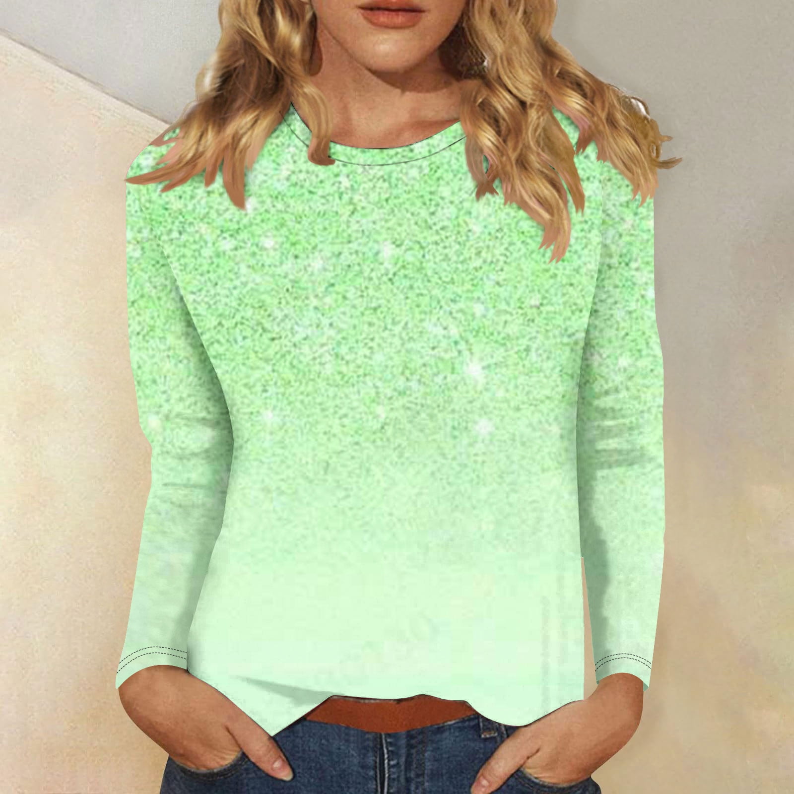 Ayolanni Green Layering Tops for Women Long Sleeve Pullover Crew Neck ...