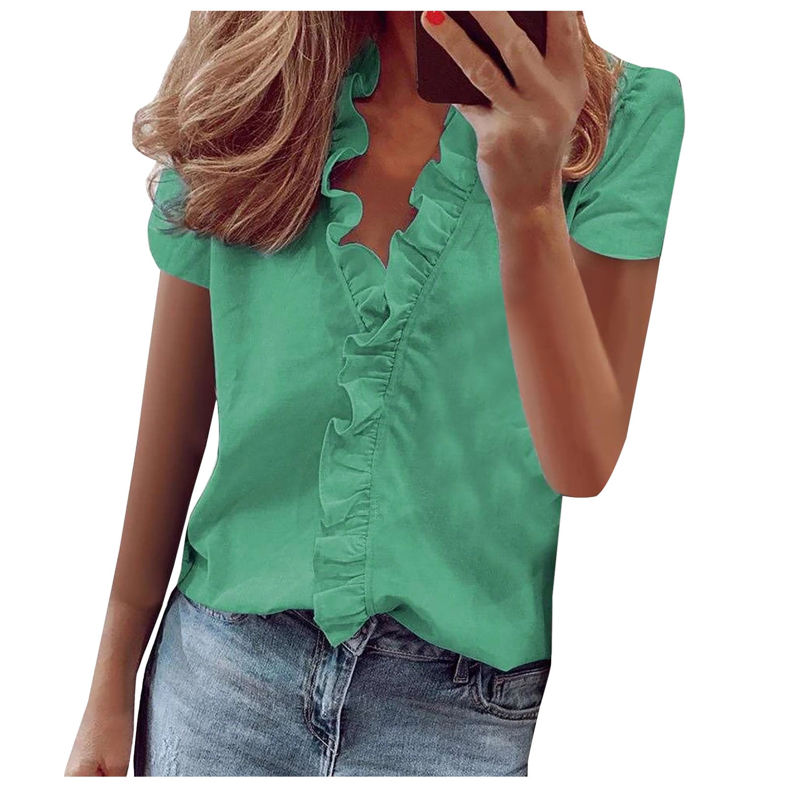 Ayolanni Green Spring Short Sleeve Tops for Women Women's Casual Solid ...