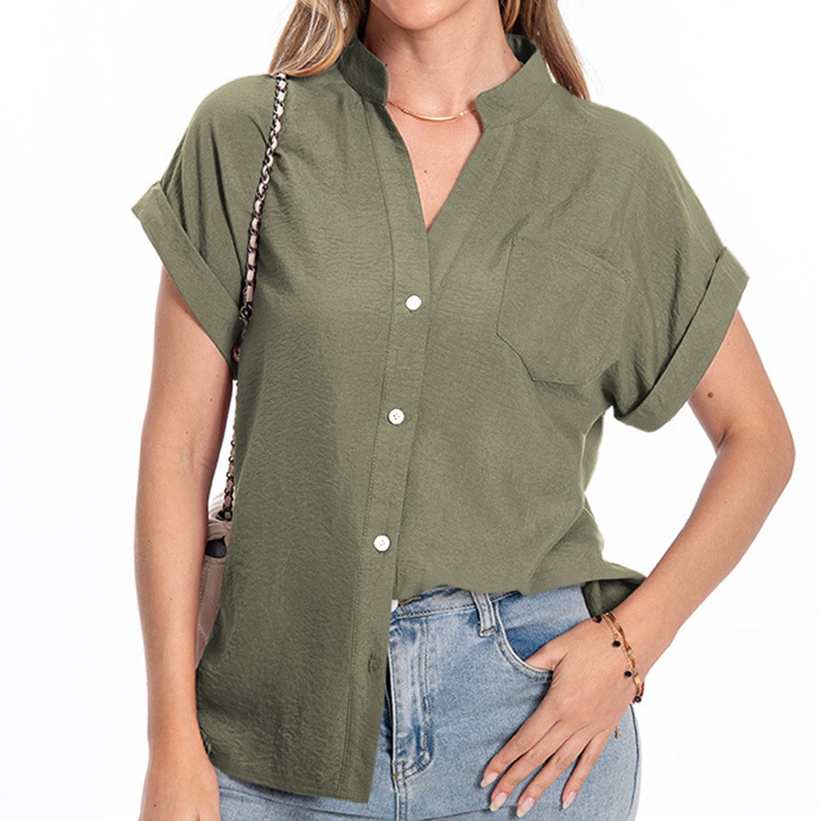 Ayolanni Green Women Tops Summer Short Sleeve V-Neck Solid Button-Up Shirts Teen Girls Shirts M ...