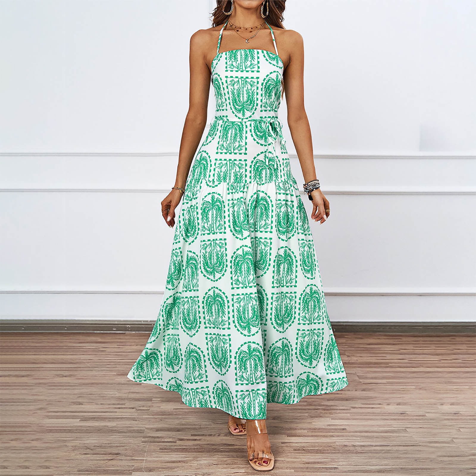 Ayolanni Hawaii Sun Dresses for Women 2025 Halter Green Ankle-Length ...