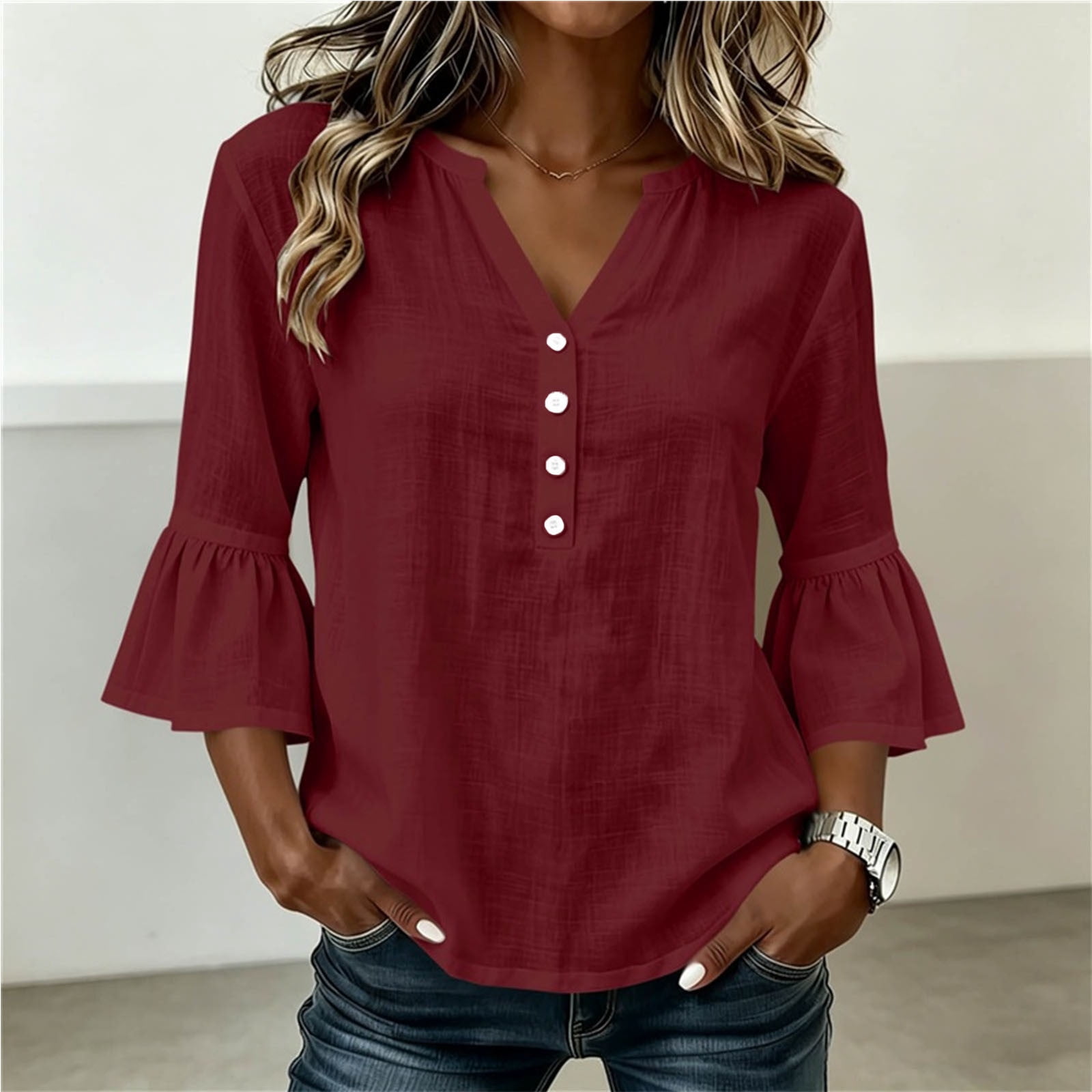 Ayolanni Henley Womens T Shirts 3/4 Sleeve Ruffled Ruched Solid Blouse ...