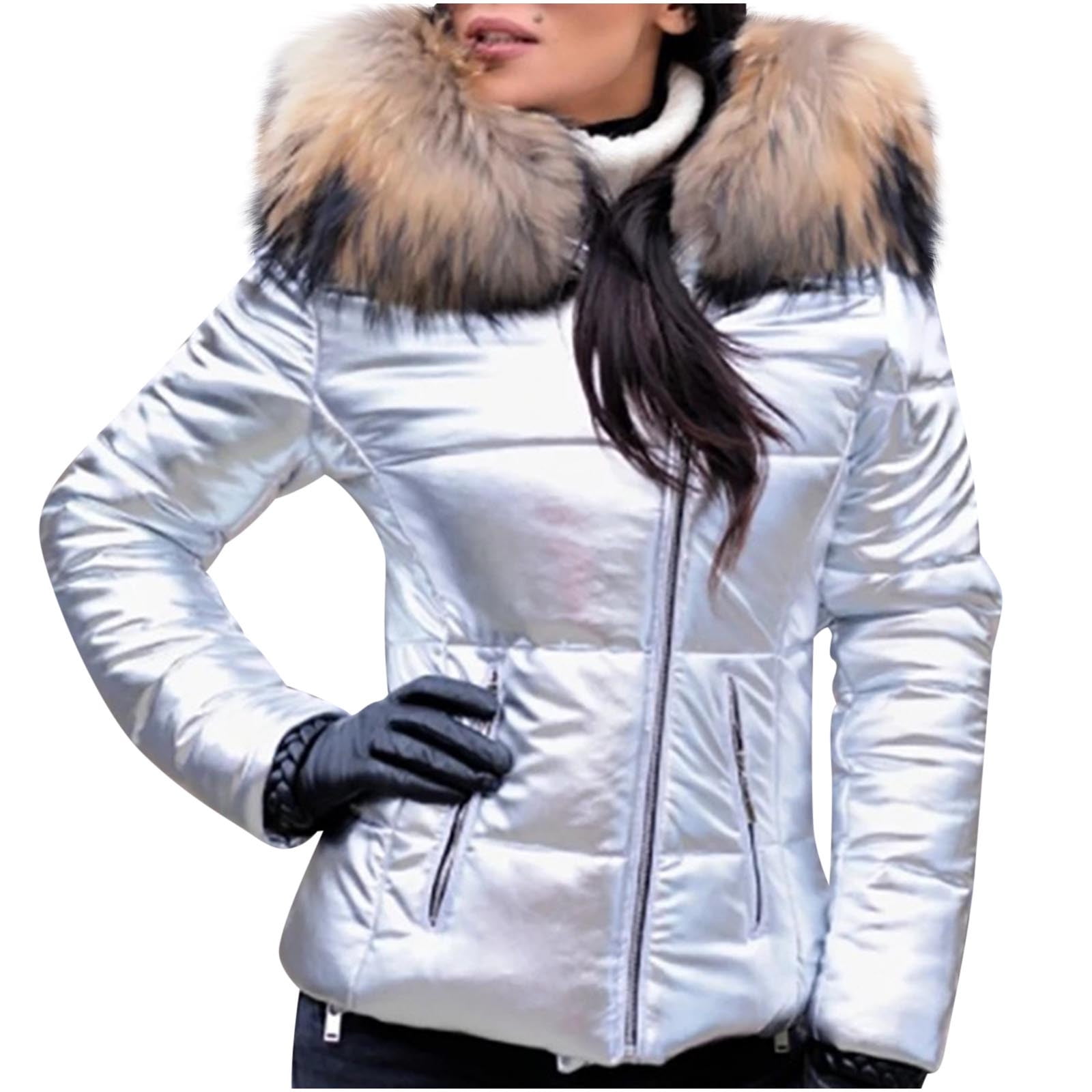 Ayolanni Hooded Womens Jackets Quilted Zip Up Silver Puffer Solid Long ...