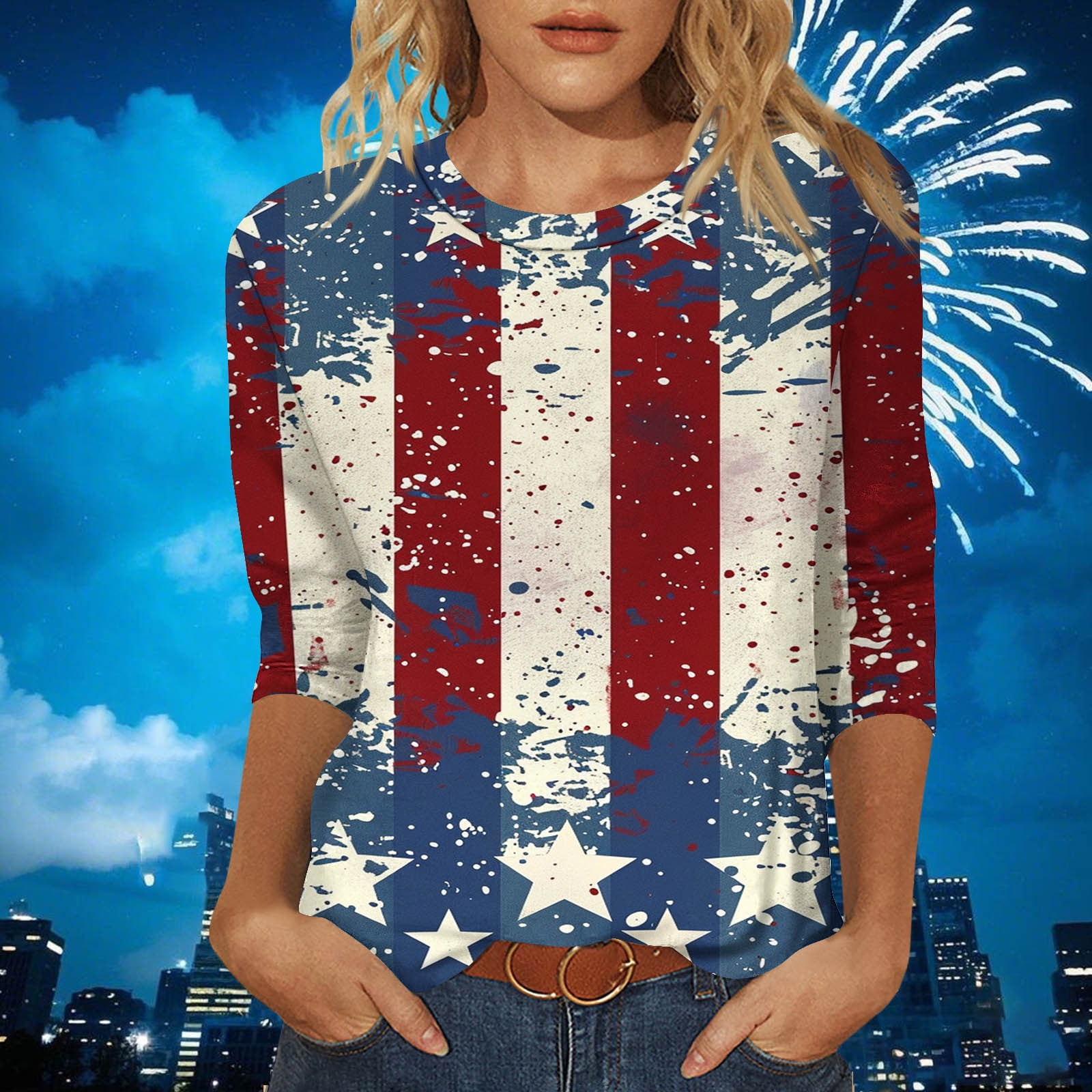 Ayolanni Independence Day Woman Tops Fall Under $7.00 3/4 Sleeve July ...