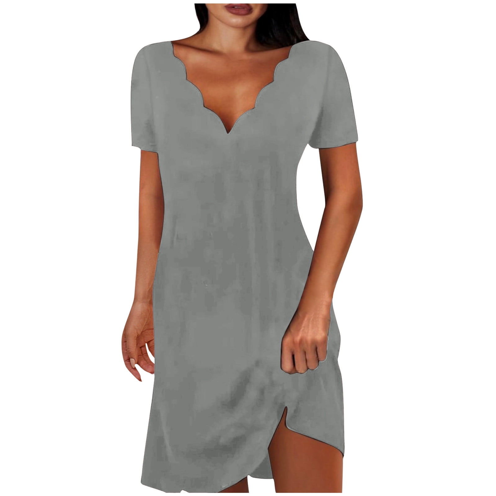 Ayolanni Knee-Length Elegant Dresses for Women Gray V-Neck Short Sleeve ...
