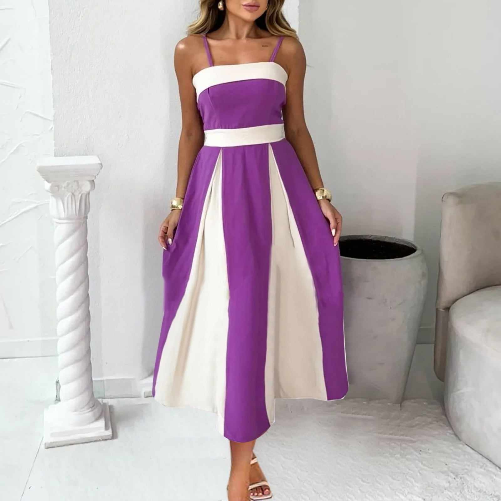 Ayolanni Knee-Length Women Dresses Plus Purple Colorblock Sleeveless ...