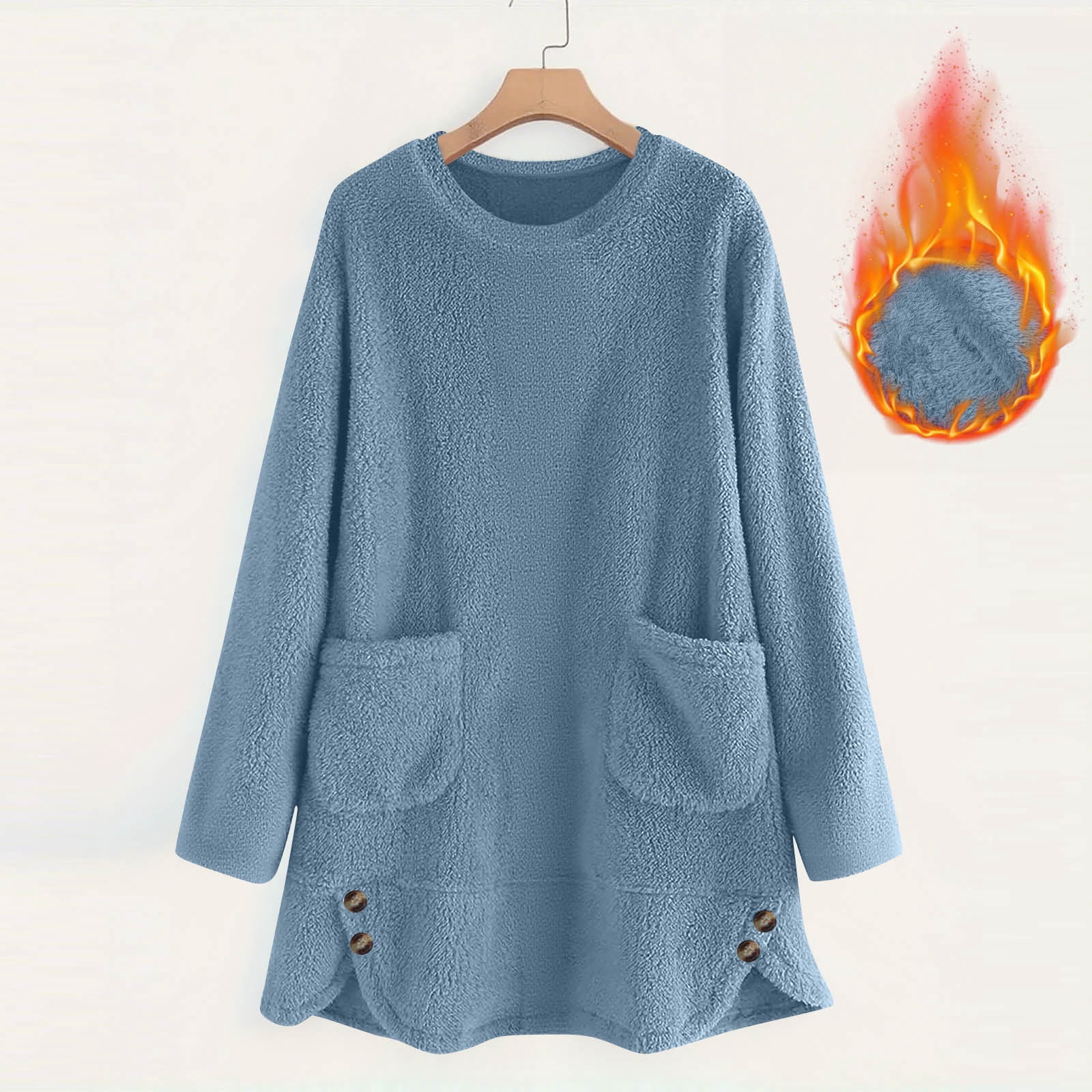 Ayolanni Light Blue Tops for Women Trendy Long Sleeve Fleece Dress Side ...