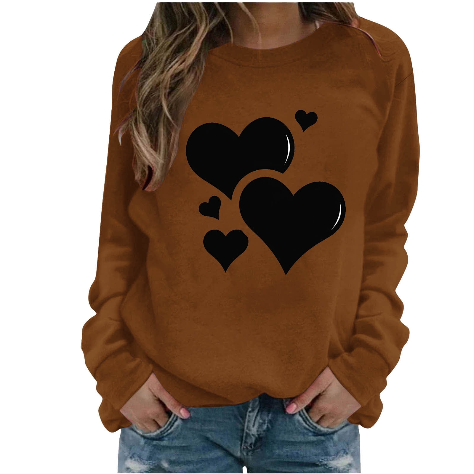 Ayolanni Long Sleeve Layering Tops for Women Brown Love Print Crew Neck ...